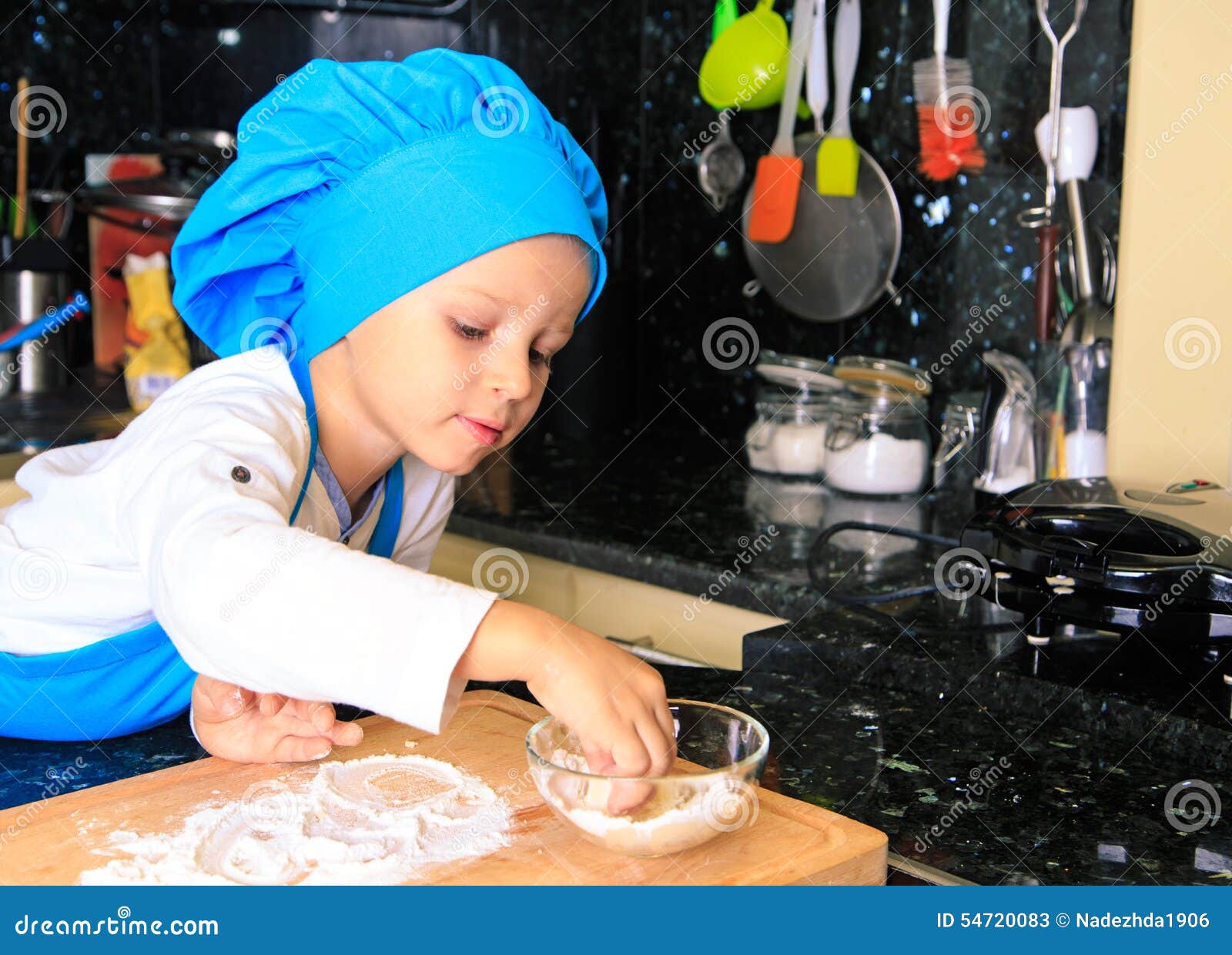 Little Boy Enjoy Cooking in Kitchen Stock Image - Image of chef ...
