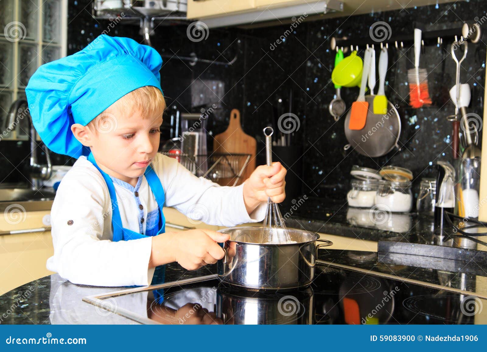 Little Boy Enjoy Cooking in Kitchen Stock Photo - Image of recipe ...