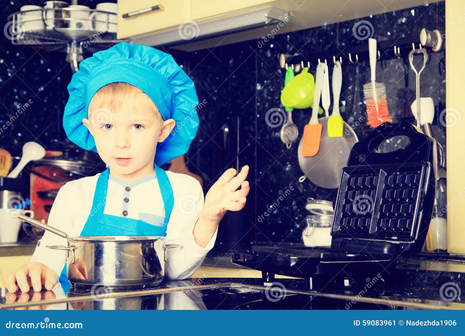 Little Boy Enjoy Cooking in Kitchen Stock Image - Image of childhood ...