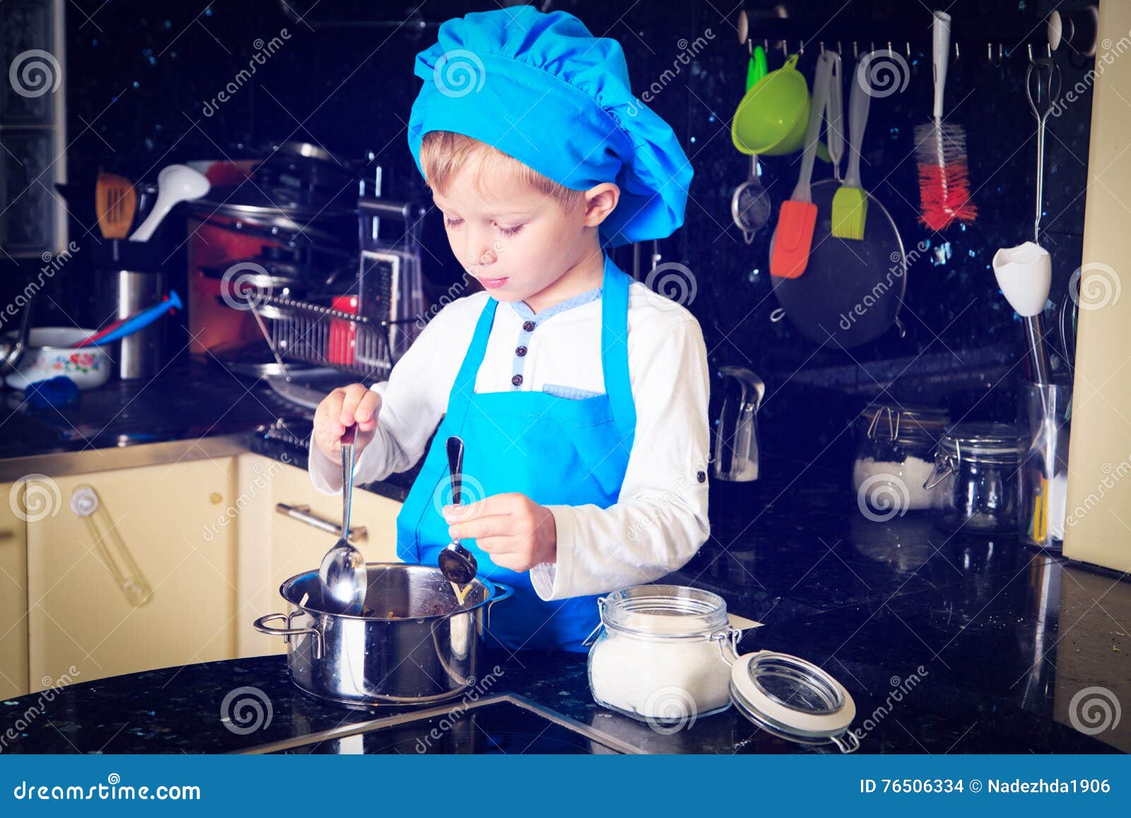 Little Boy Enjoy Cooking in Kitchen Stock Photo - Image of occupation ...