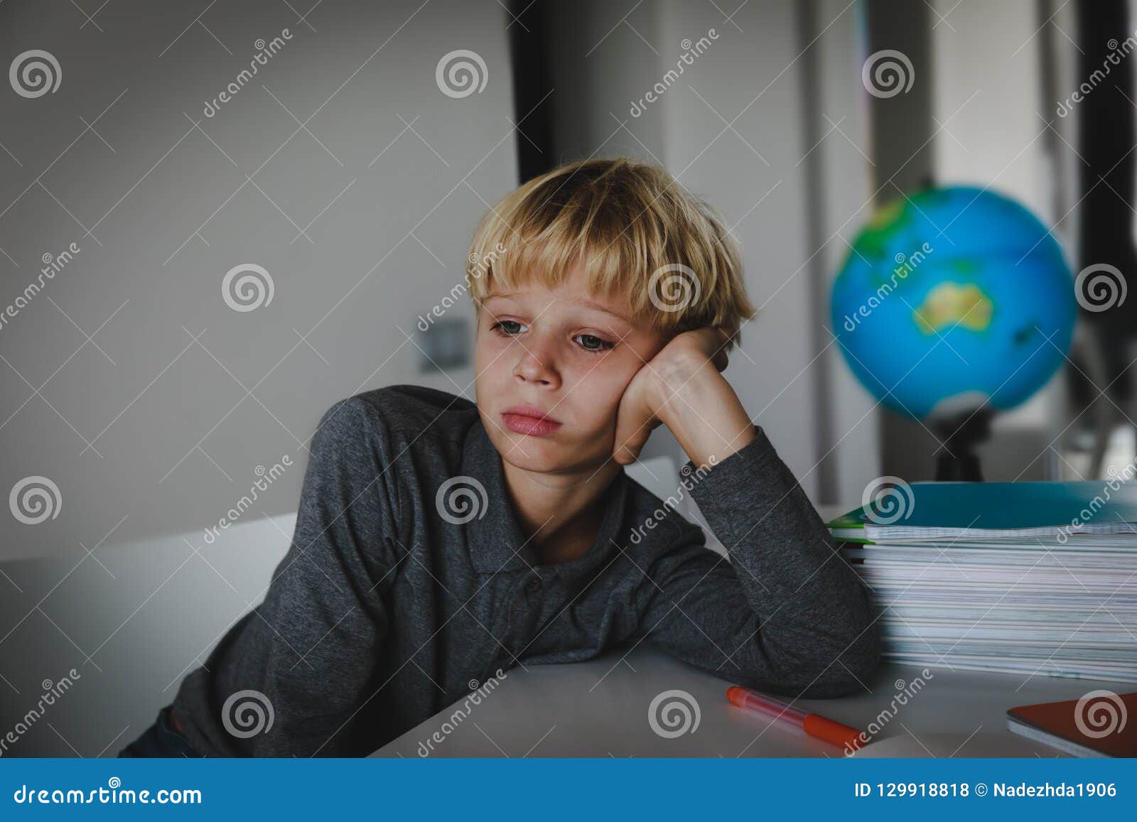 Little Boy Tired Stressed of Reading, Doing Homework Stock Photo ...