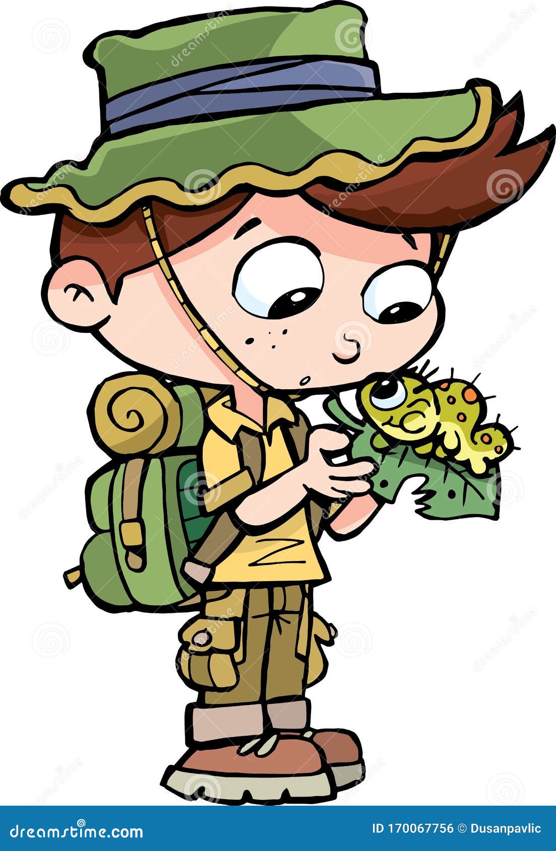 Little Boy Explorer and a Caterpillar Eating a Green Leaf Stock Vector ...