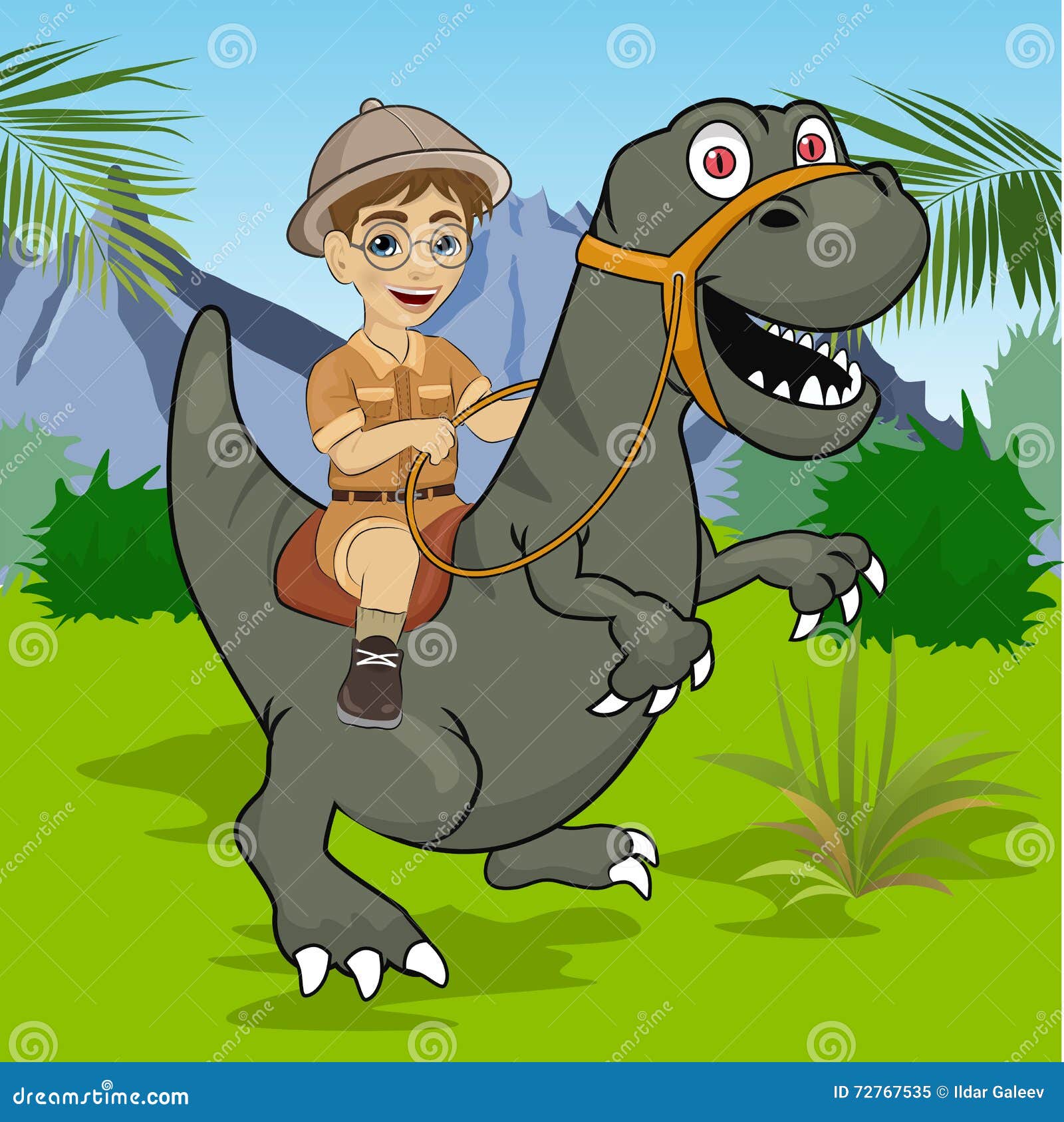 Little Boy Explorer Riding a Dinosaur Velociraptor in Jungle Stock ...
