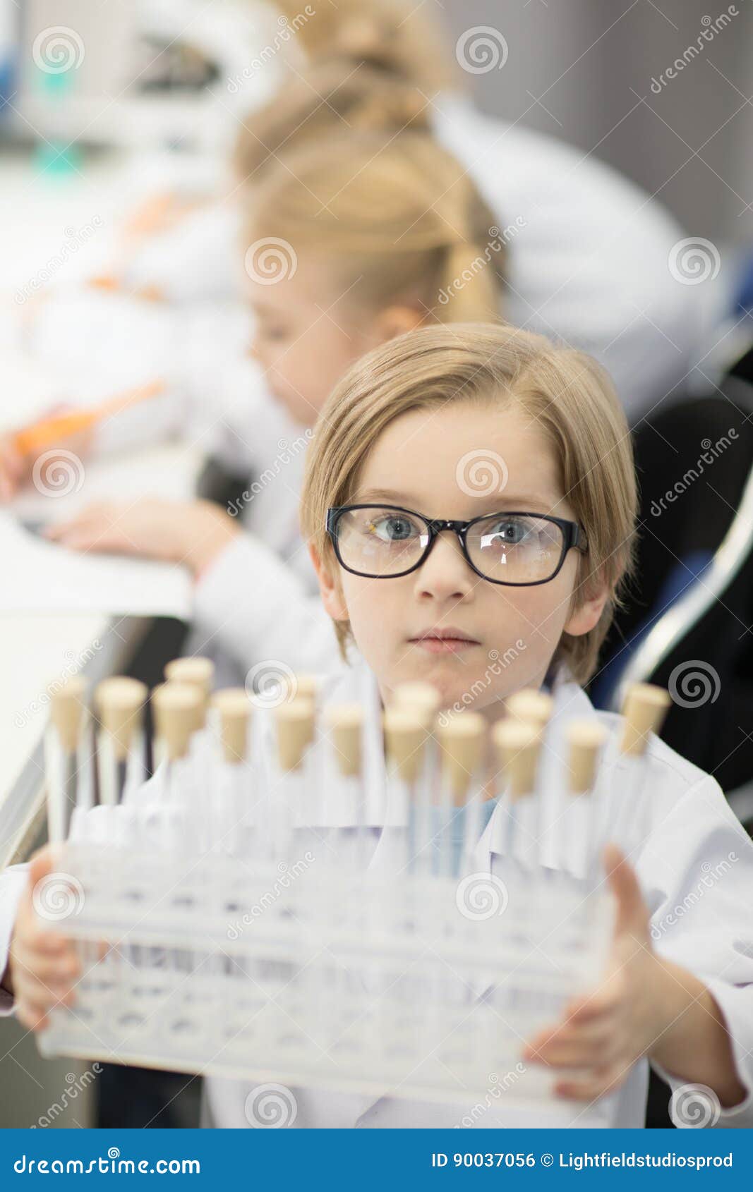 Little Boy in Eyeglasses Holding Box with Test Tubes Stock Photo ...
