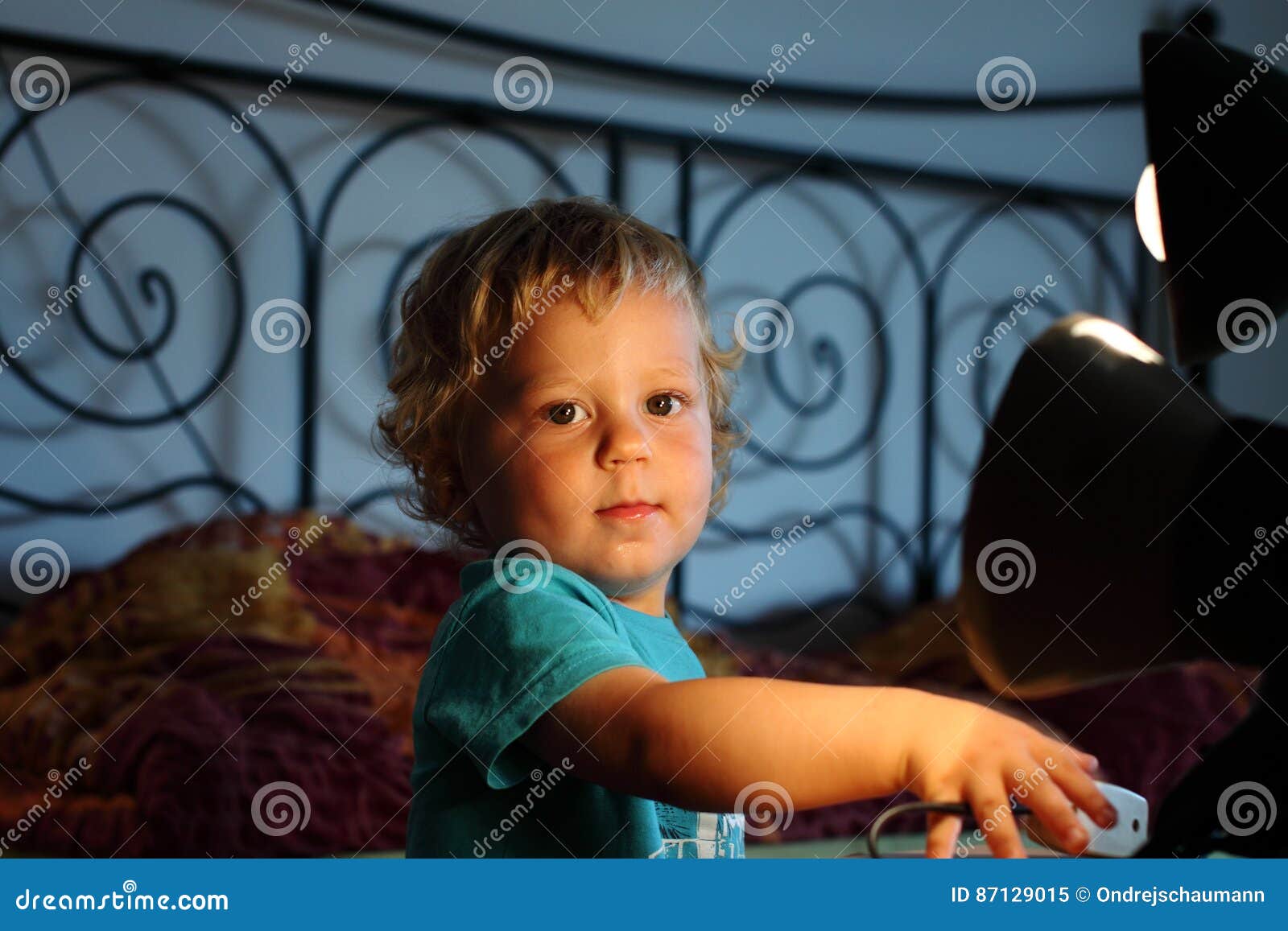 Little Boy with the Face Lit by Table Lamp Stock Image - Image of blond ...