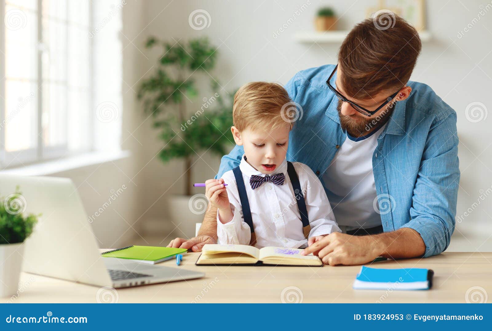 Little Boy with Father during Online Education at Home Stock Image ...
