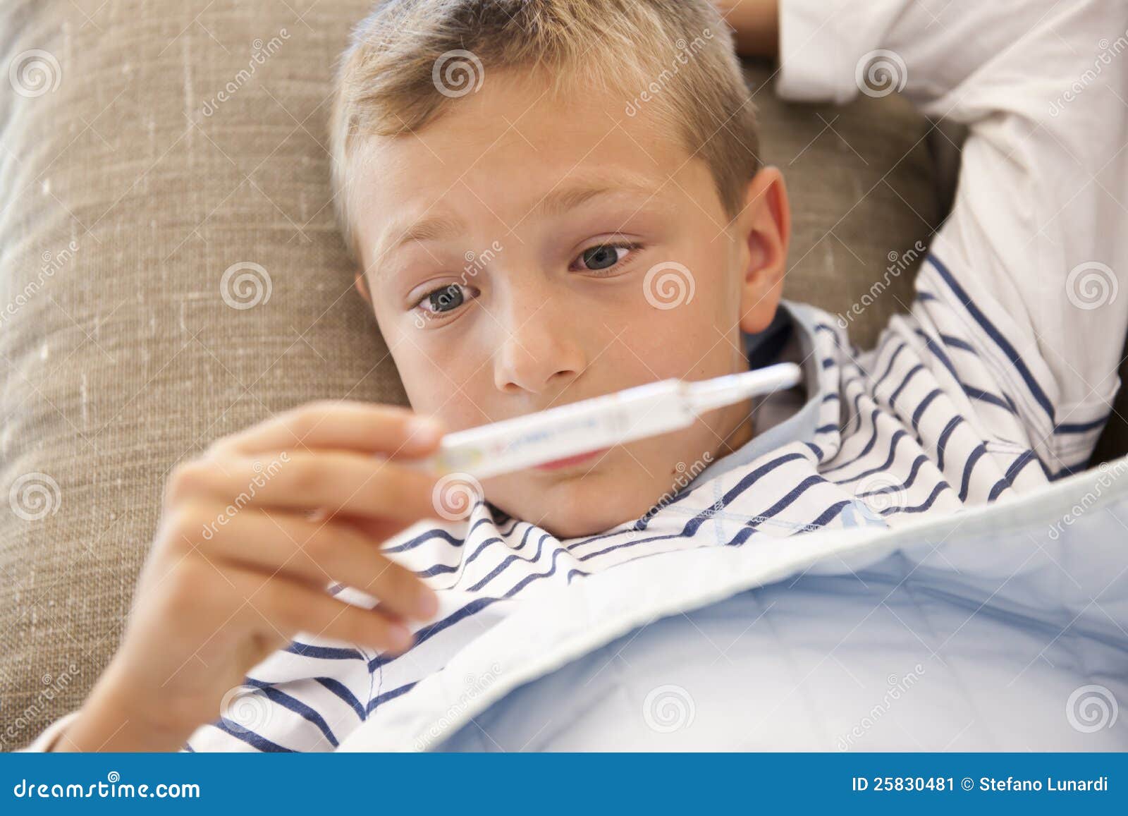 Little boy with fever stock image. Image of years, thermometer - 25830481
