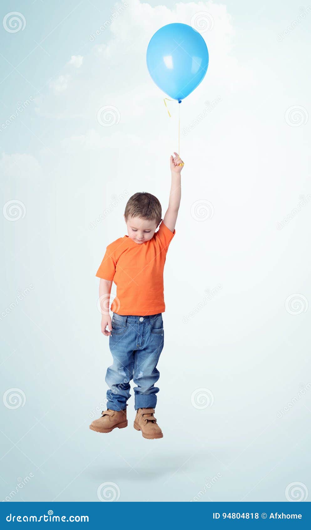 Little Boy Flies on Blue Balloon on Light Blue Background Stock Photo ...