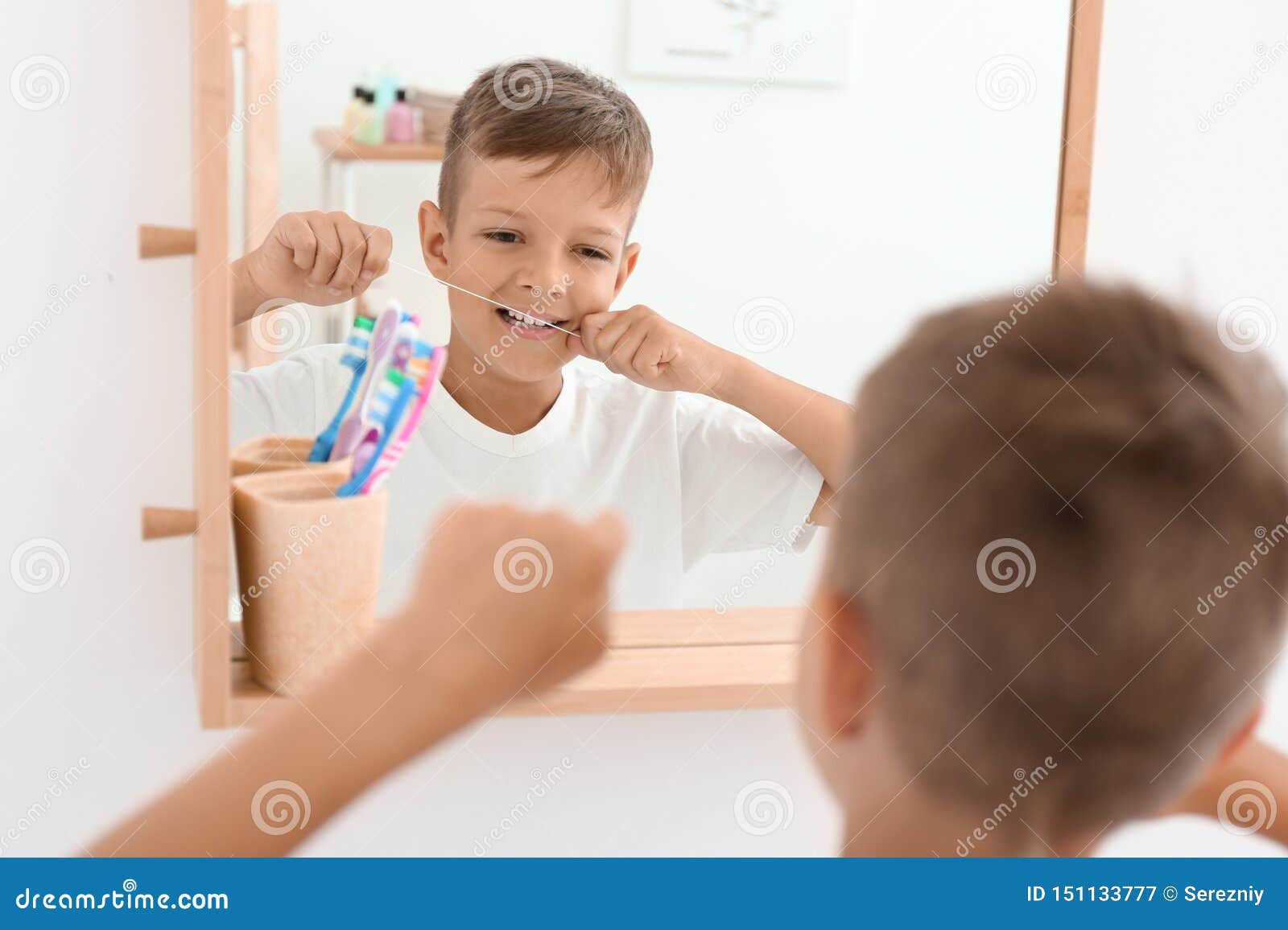 Little Boy Flossing Teeth in Bathroom Stock Image - Image of morning ...