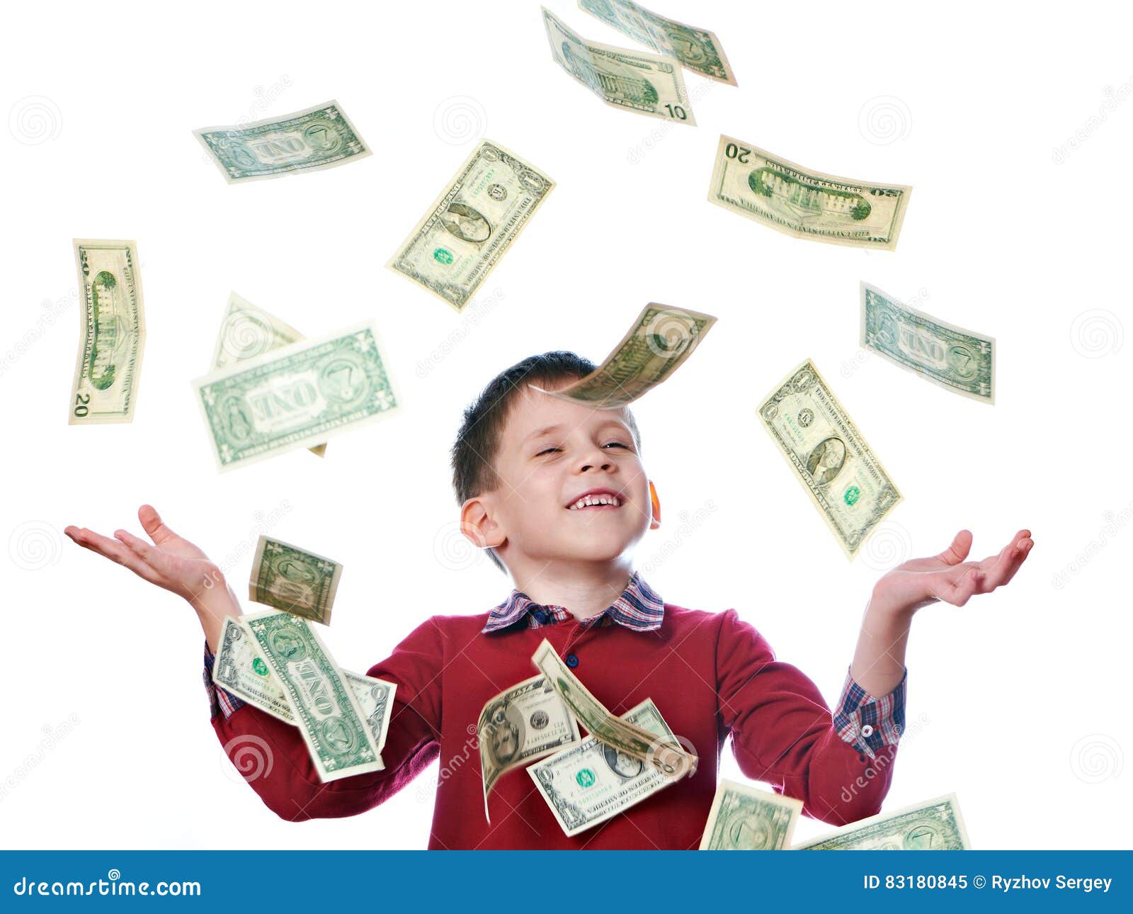 Little Boy and Flying Dollar Bills Isolated Stock Image - Image of ...