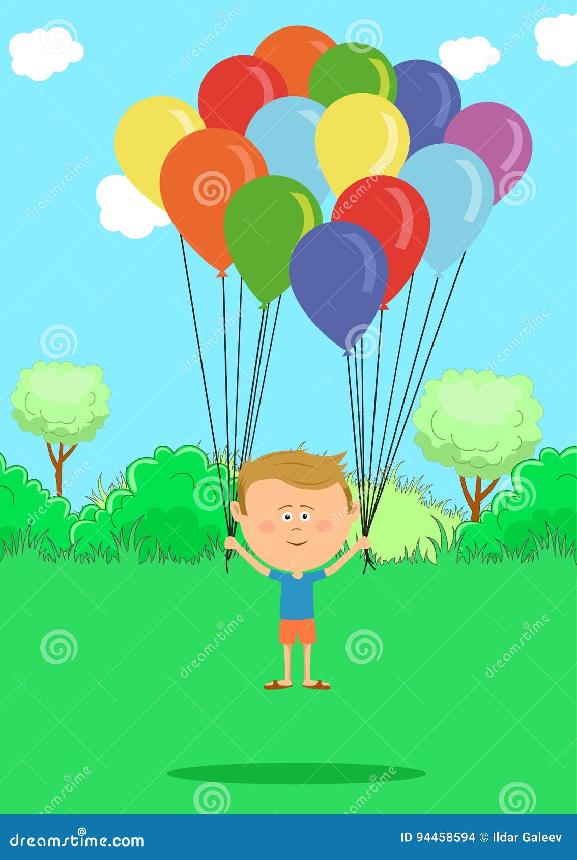 Little Boy Flying with Multicolored Balloons on Meadow Stock Vector ...