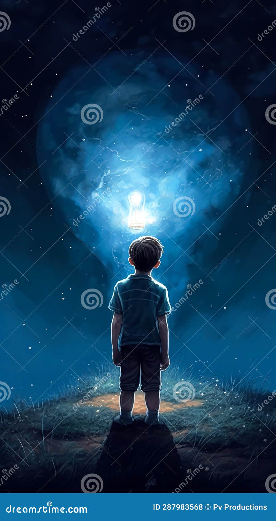 Little Boy in Front of a Glowing Light Bulb at Night, Generative AI ...
