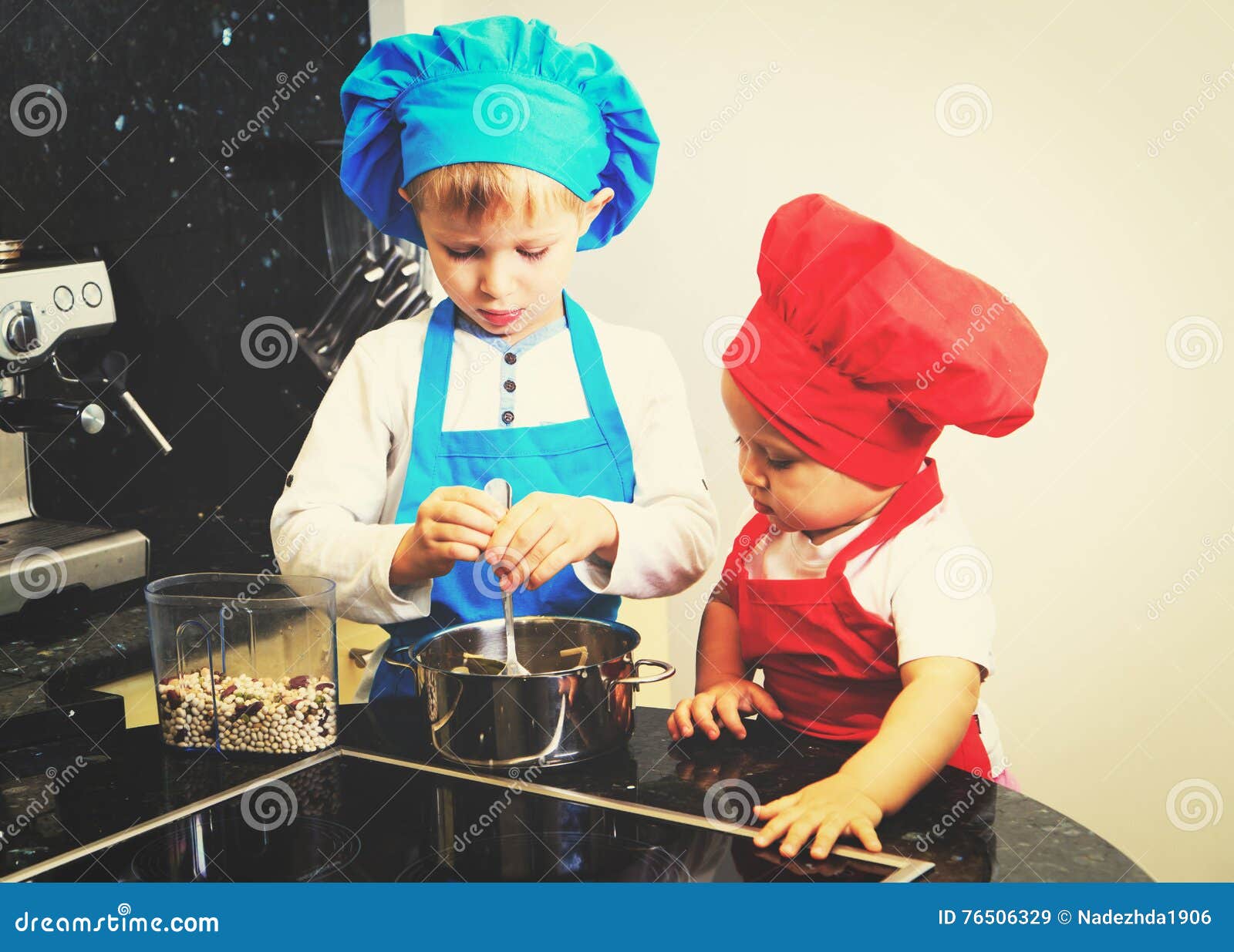 Little Boy and Girl Enjoy Cooking in Kitchen Stock Image - Image of ...