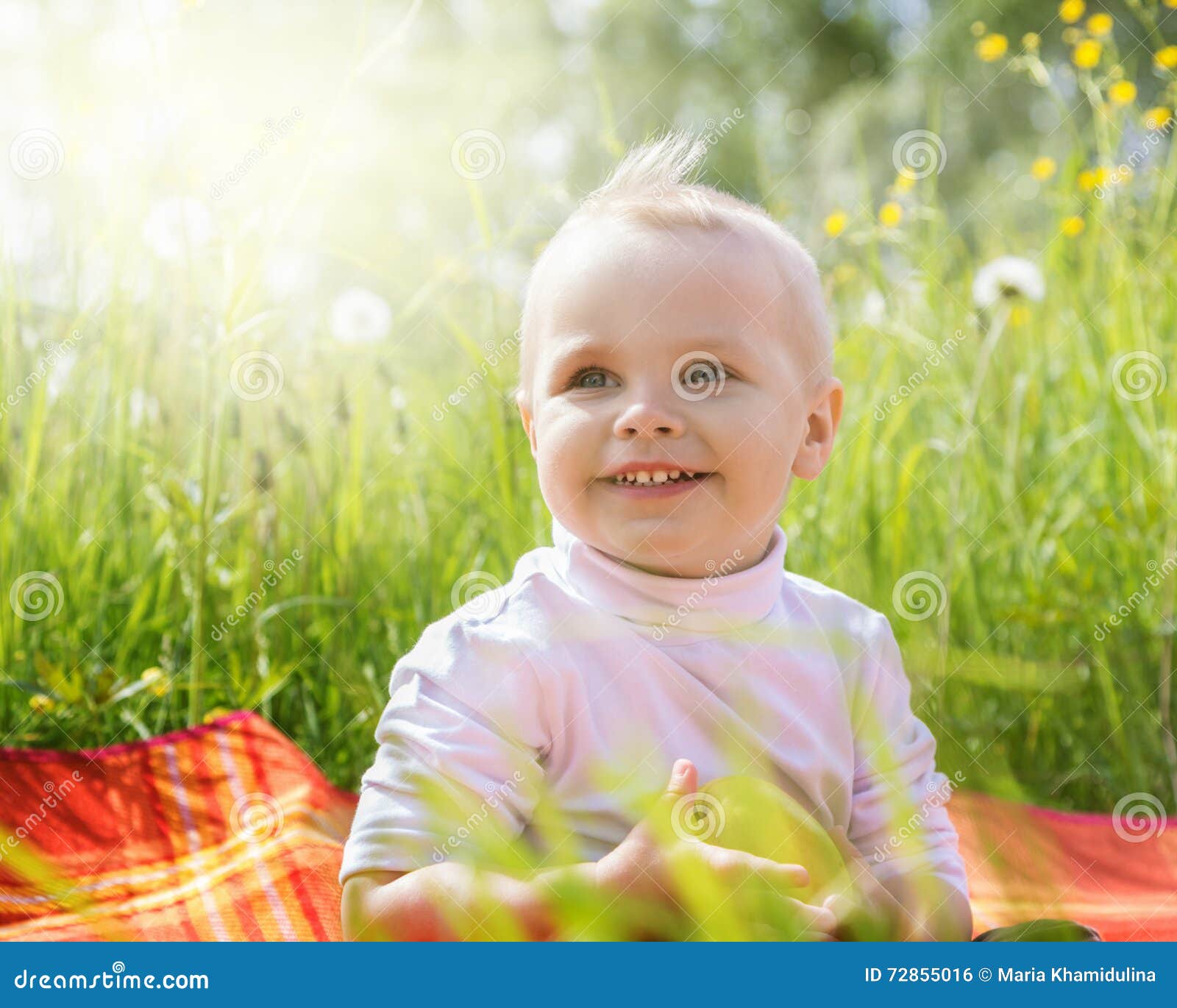 Little Boy is Happy Sitting on the Meadow Stock Photo - Image of ...