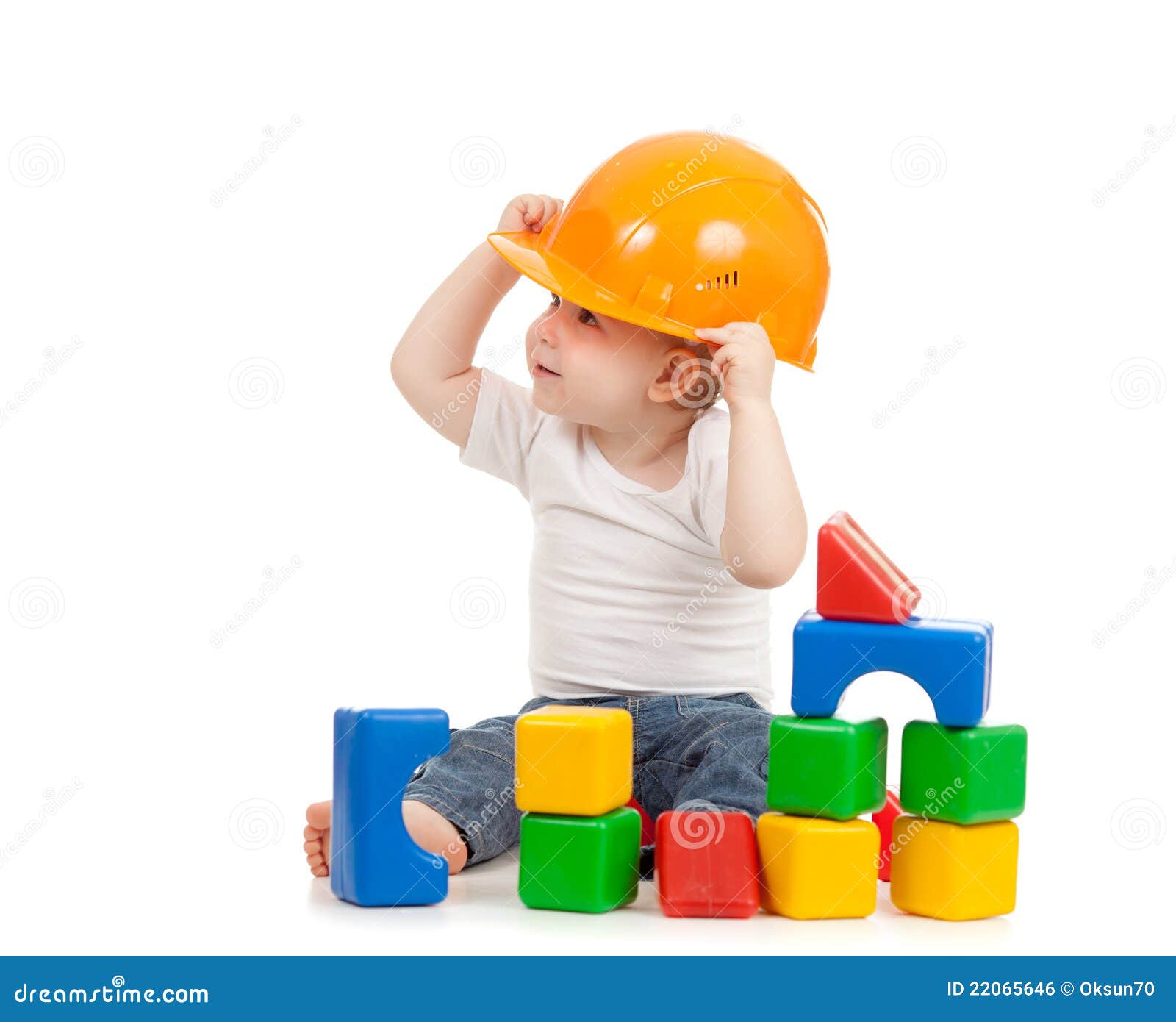 Little Boy with Hard Hat and Building Blocks Stock Photo - Image of ...