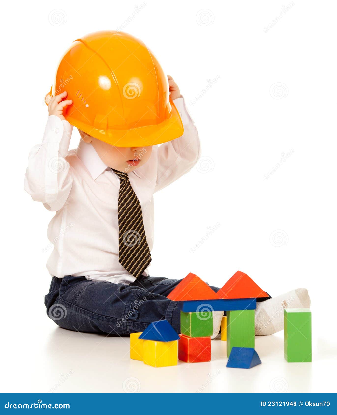 Little Boy with Hard Hat and Building Blocks Stock Photo - Image of ...