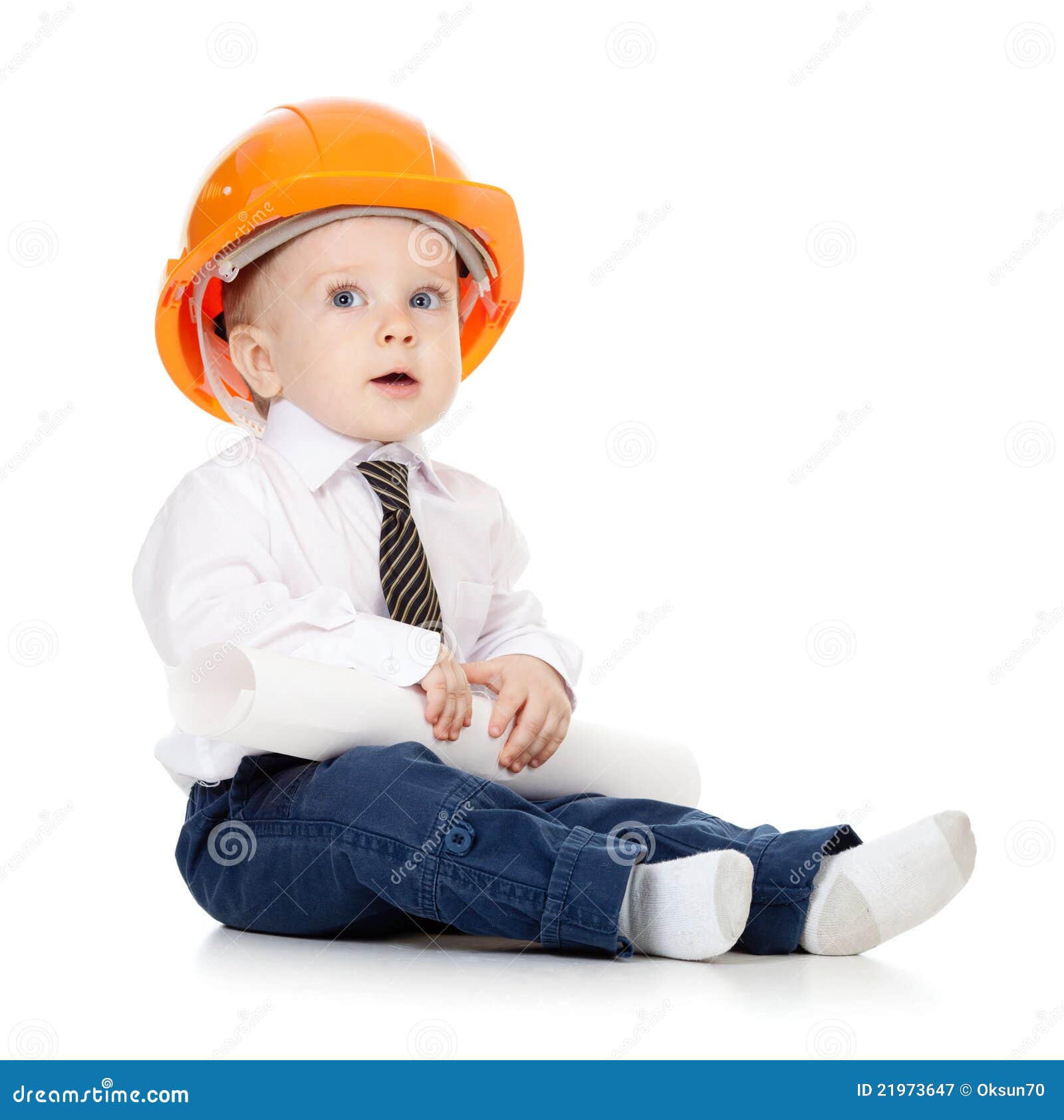 Little Boy with Hard Hat and Engineering Drawing Stock Image - Image of ...