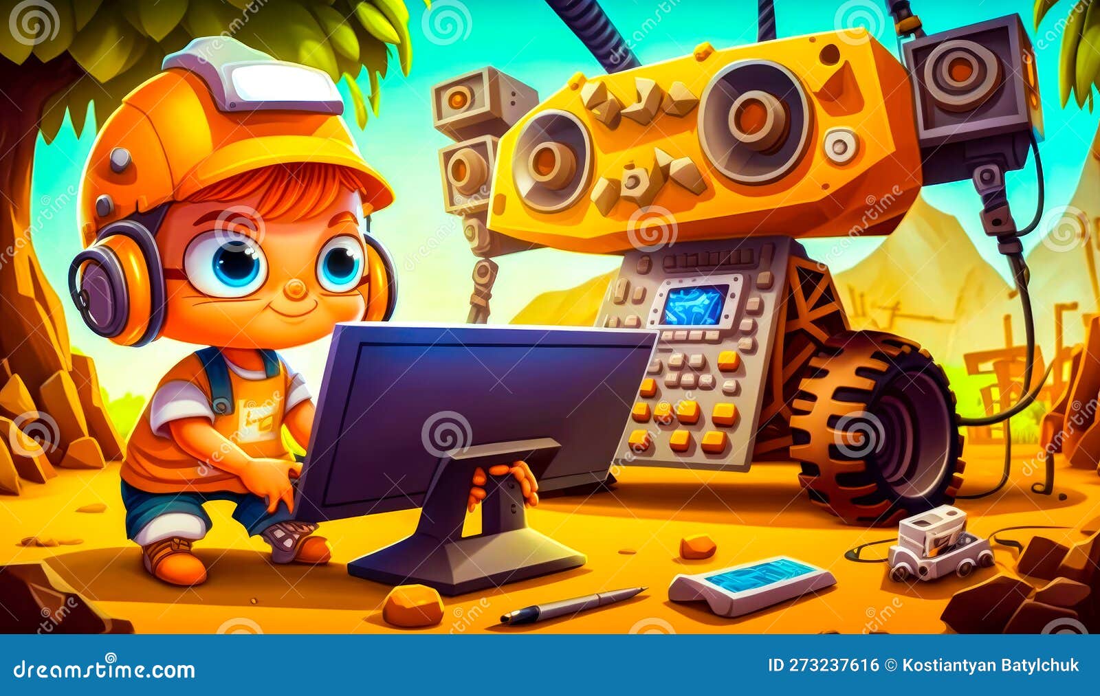 Little Boy in Hard Hat Working on Computer. Generative AI Stock ...