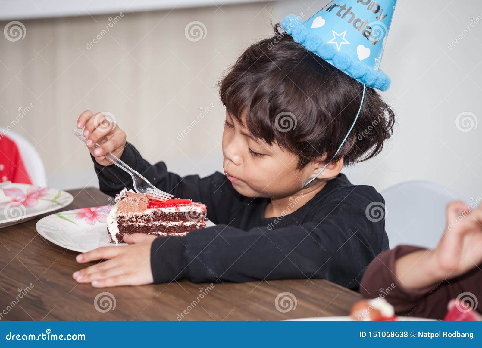 Little Boy with Hat Eating Birthday Cake Stock Photo - Image of ...