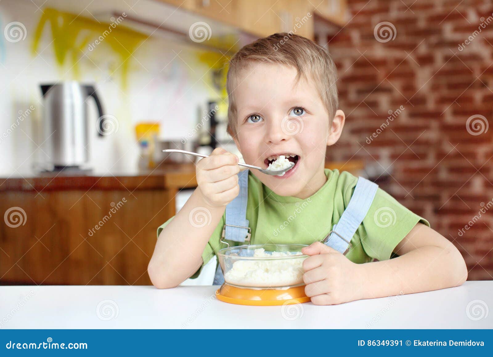Little Boy Having Breakfast in the Kitchen Stock Image - Image of plate ...
