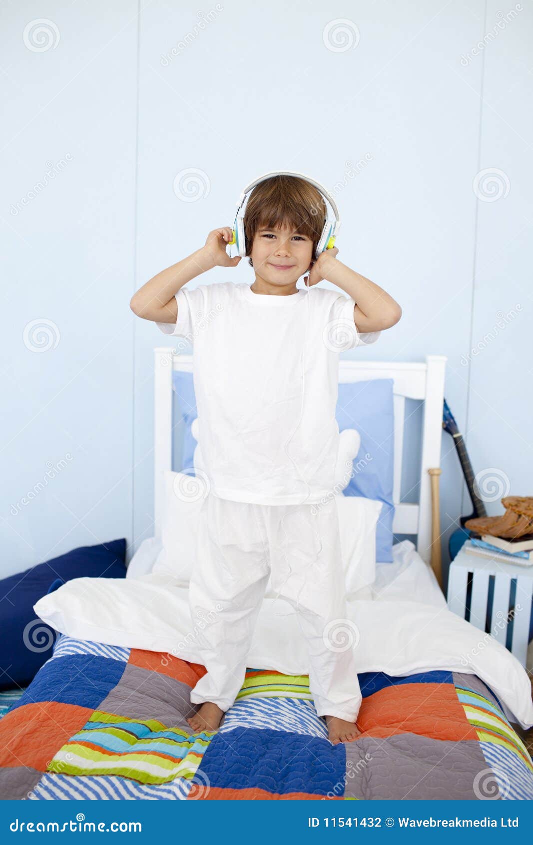 Little Boy with Headphones on Dancing in Bedroom Stock Photo - Image of ...