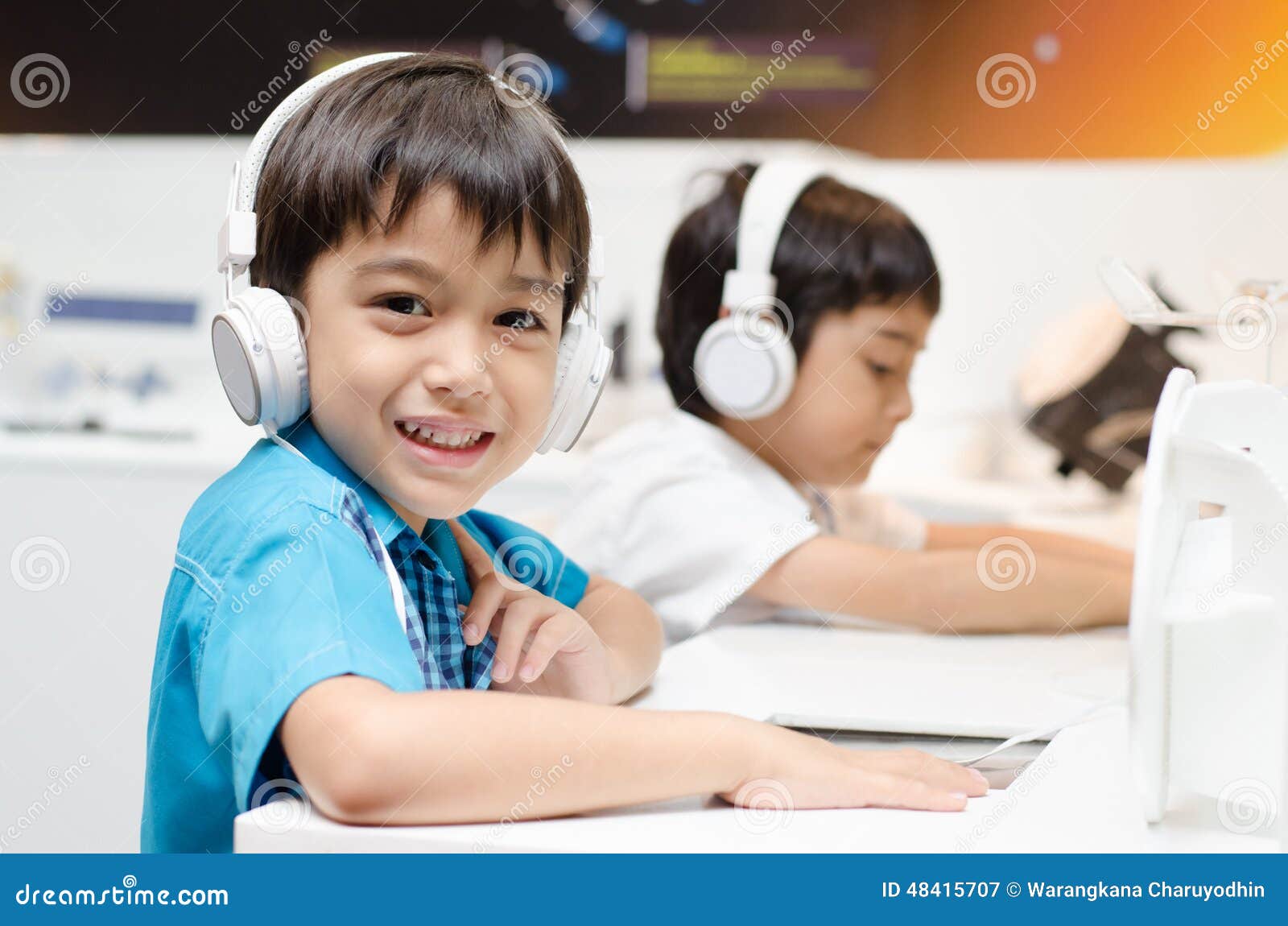 Little Boy with Headset in Classroom Stock Image - Image of face ...