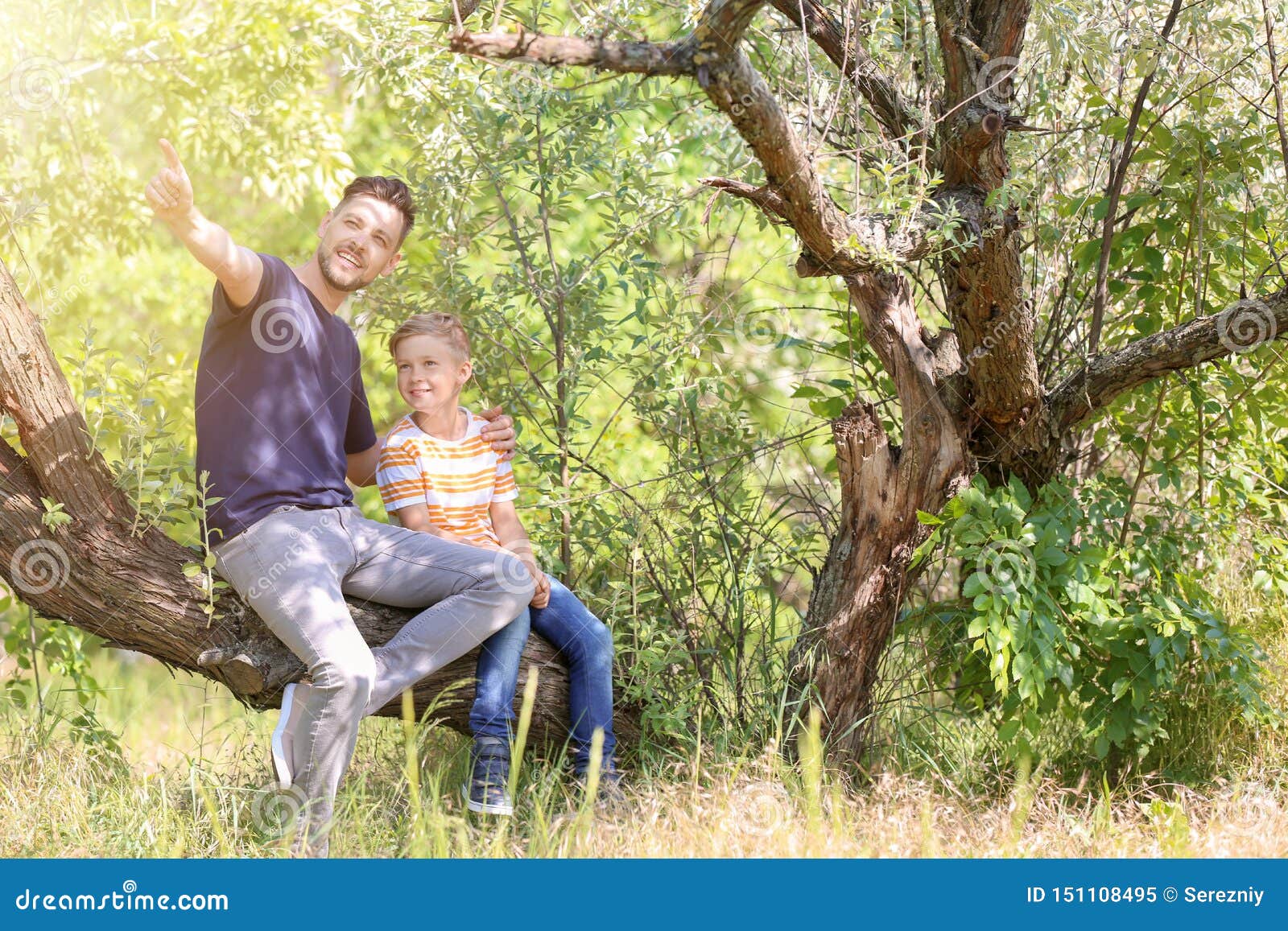 Little Boy and His Dad Sitting on Tree Outdoors Stock Image - Image of ...