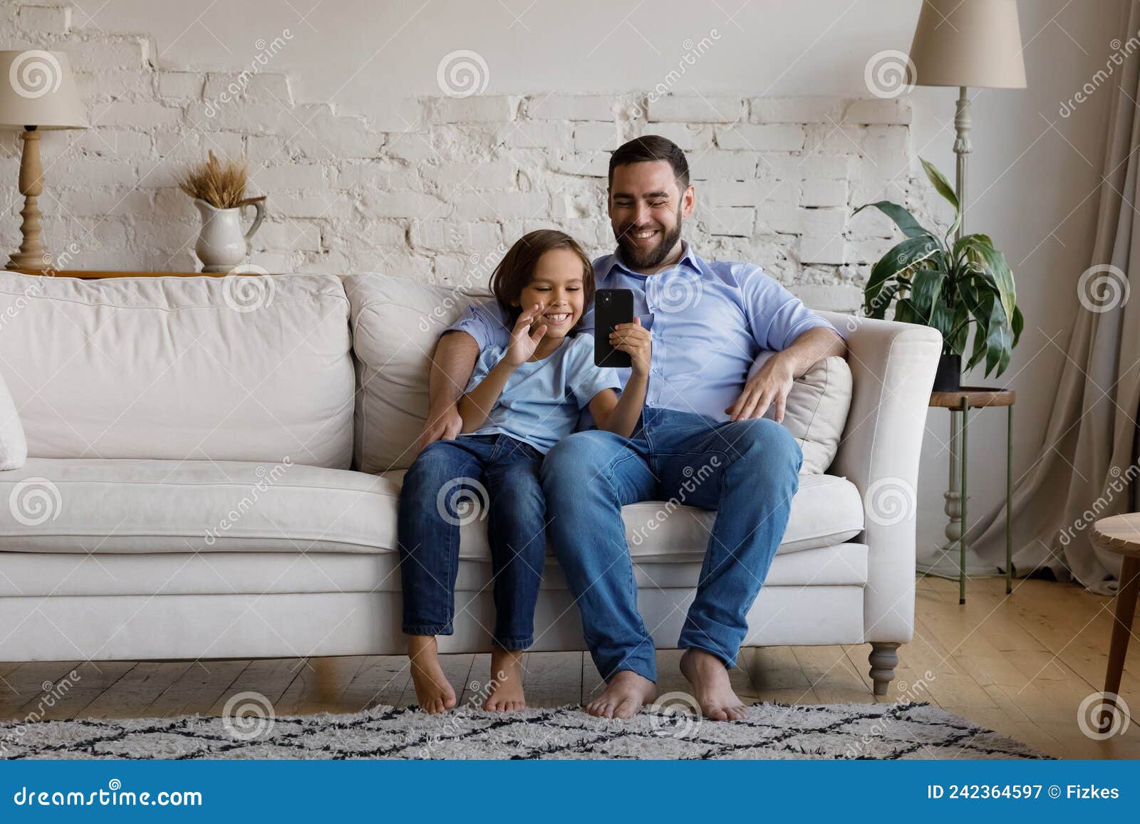 Little Boy His Father Make Video Call Using Smartphone Stock Image ...