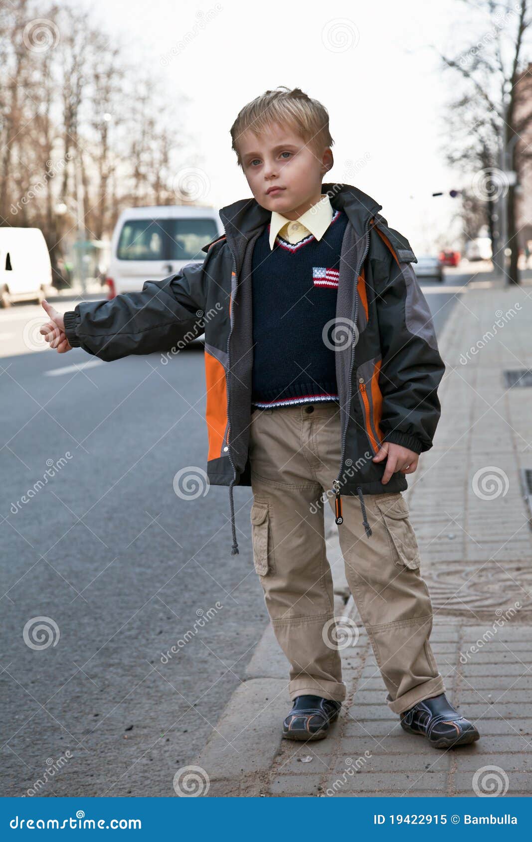 Little Boy Hitchhiking on the Road Stock Image - Image of traveller ...
