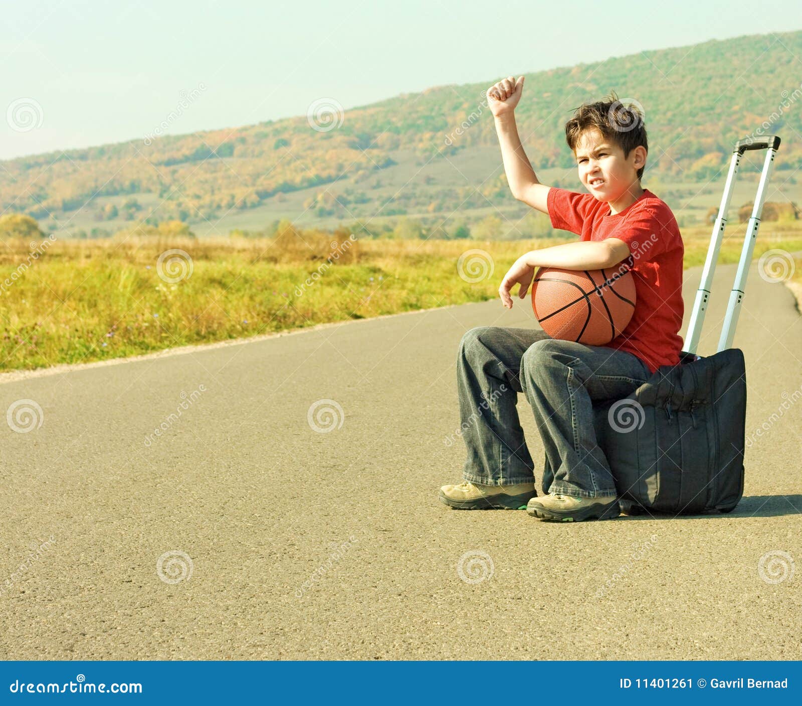 Little Boy Hitching on Road Stock Image - Image of outdoors, caucasian ...