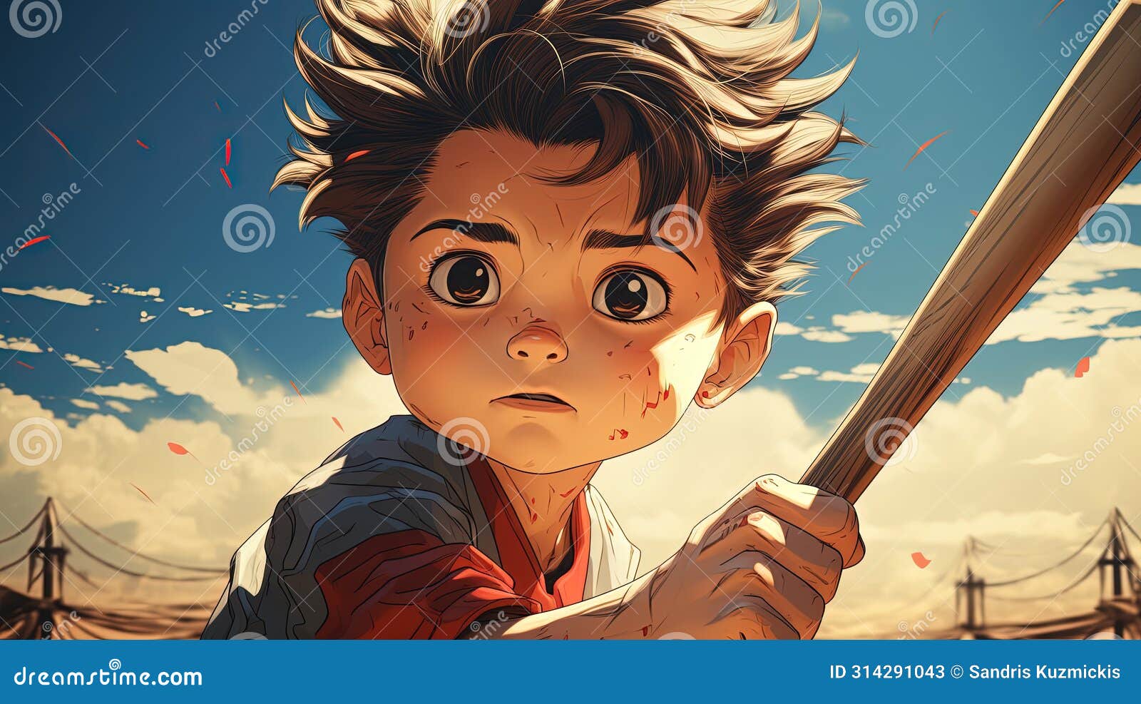 Little Boy Hits the Ball with a Bat. Generative AI. Stock Illustration ...