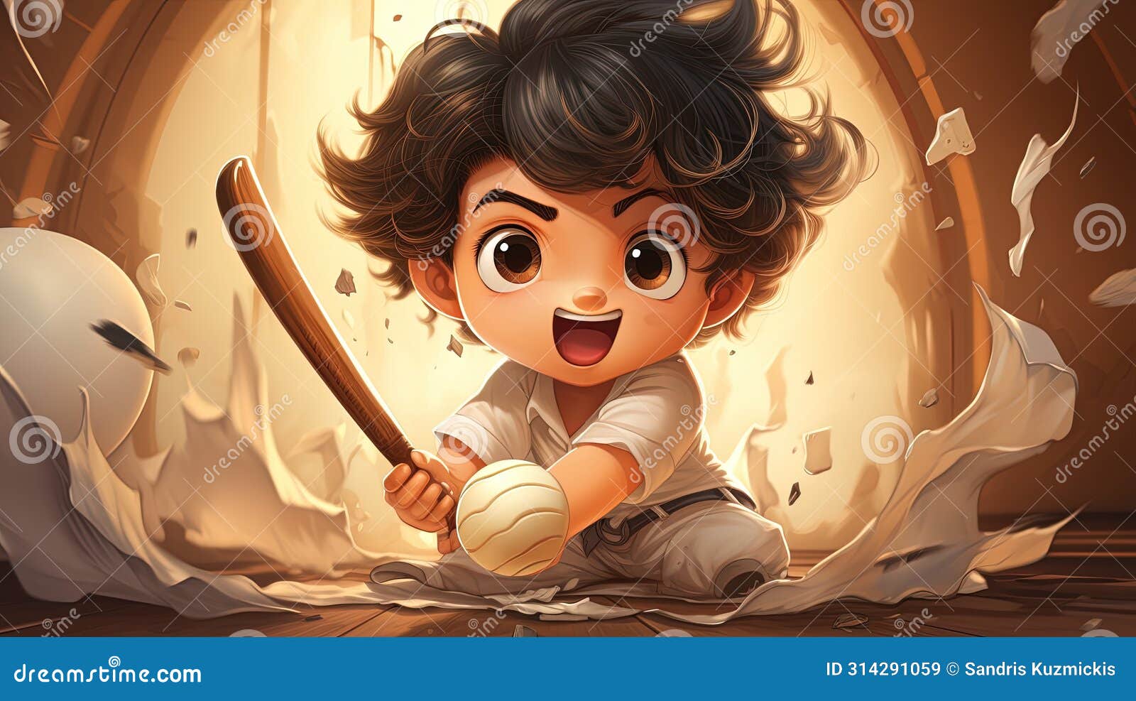 Little Boy Hits the Ball with a Bat. Generative AI. Stock Illustration ...