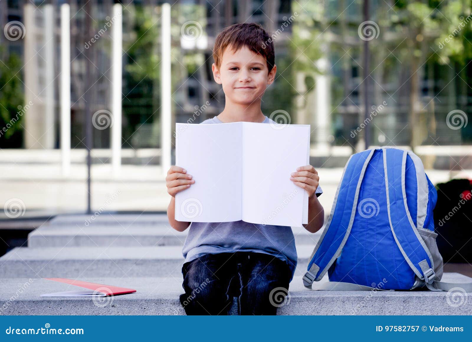 Little Boy Holding Blank Open Notebook with Copy Space for Text Stock ...