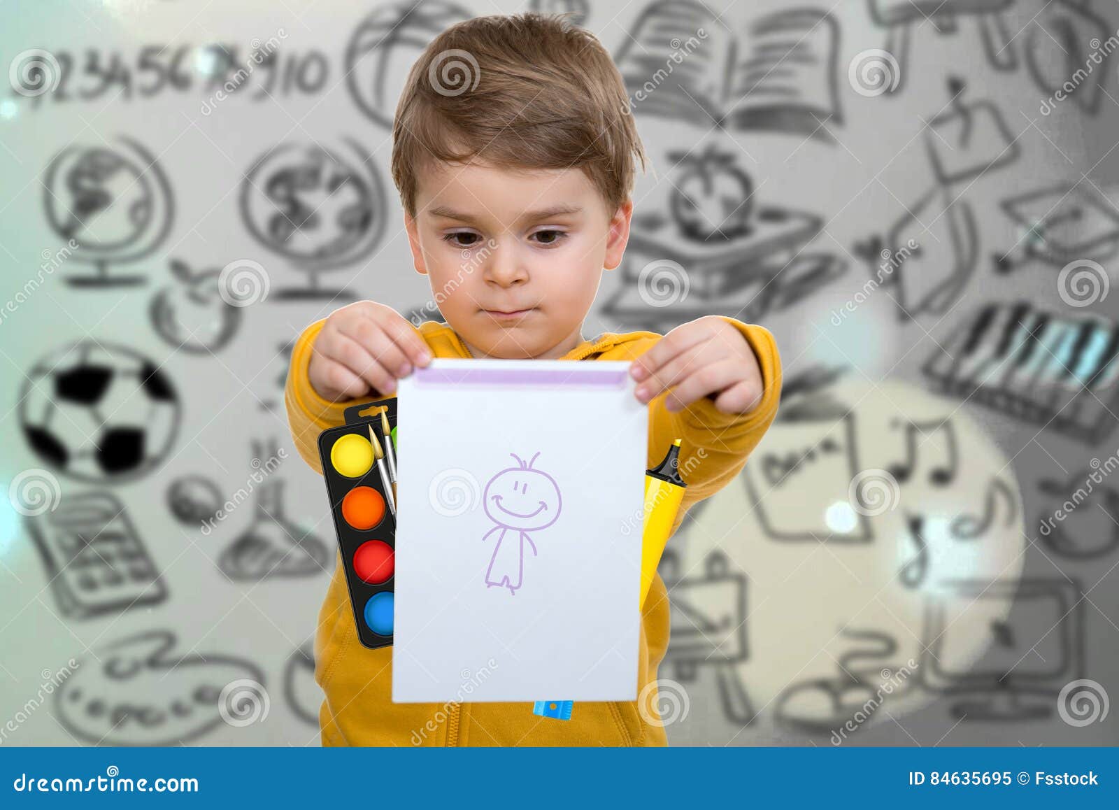 Little Boy Holding His First Drawing Stock Image - Image of banner ...