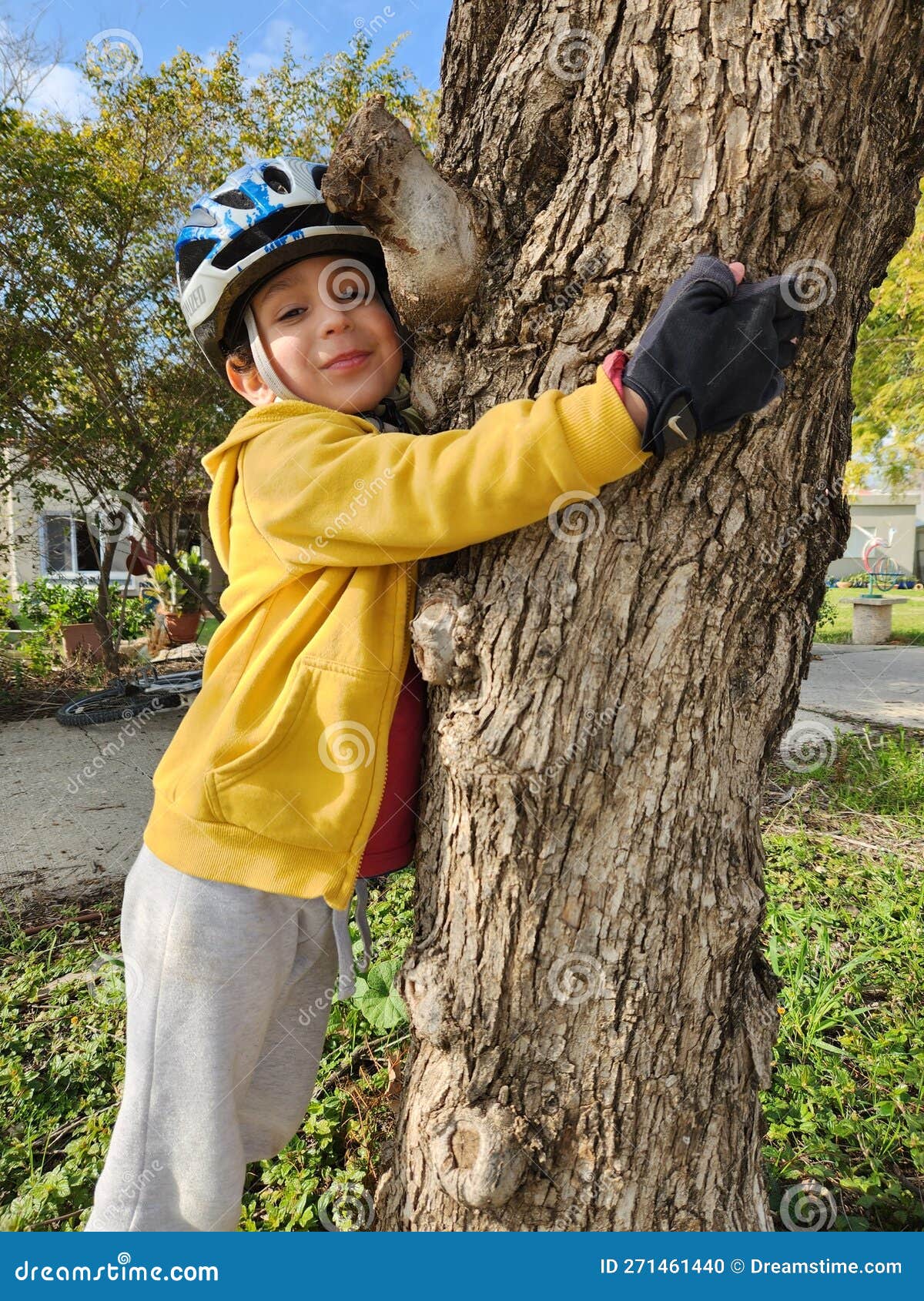 Little Boy Hugging a Tree in a Park, Outdoor Shot. Stock Photo - Image ...