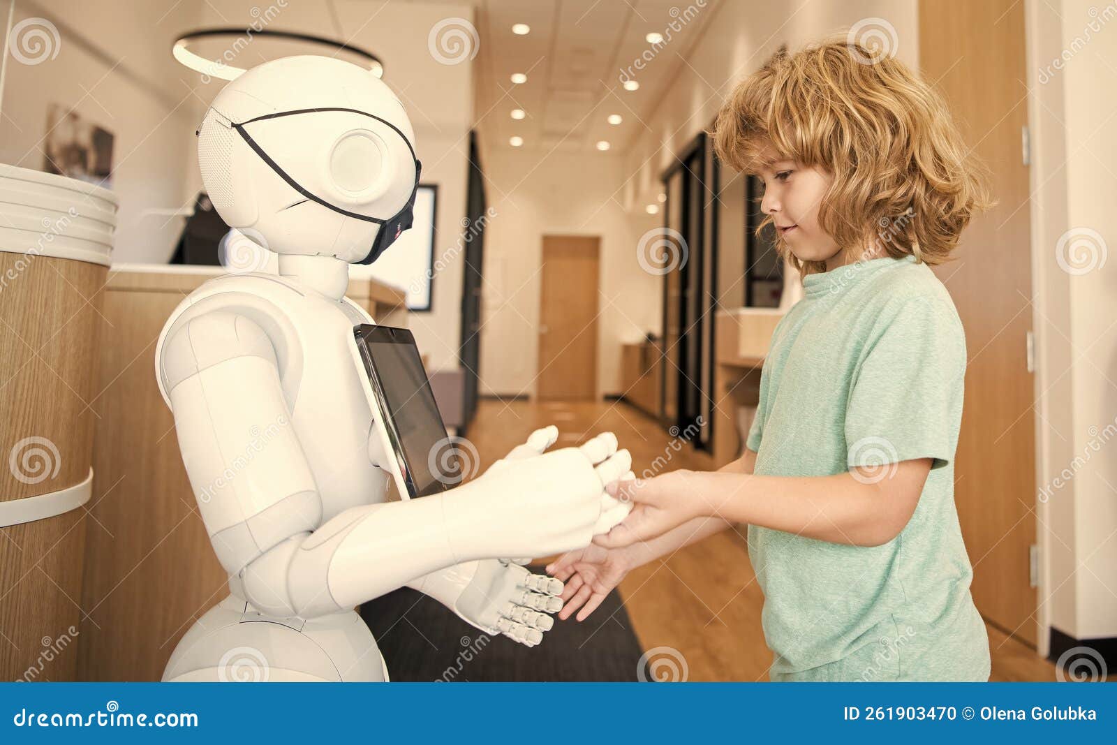 Little Boy Interact with Cyborg Artificial Intelligence, Communication ...