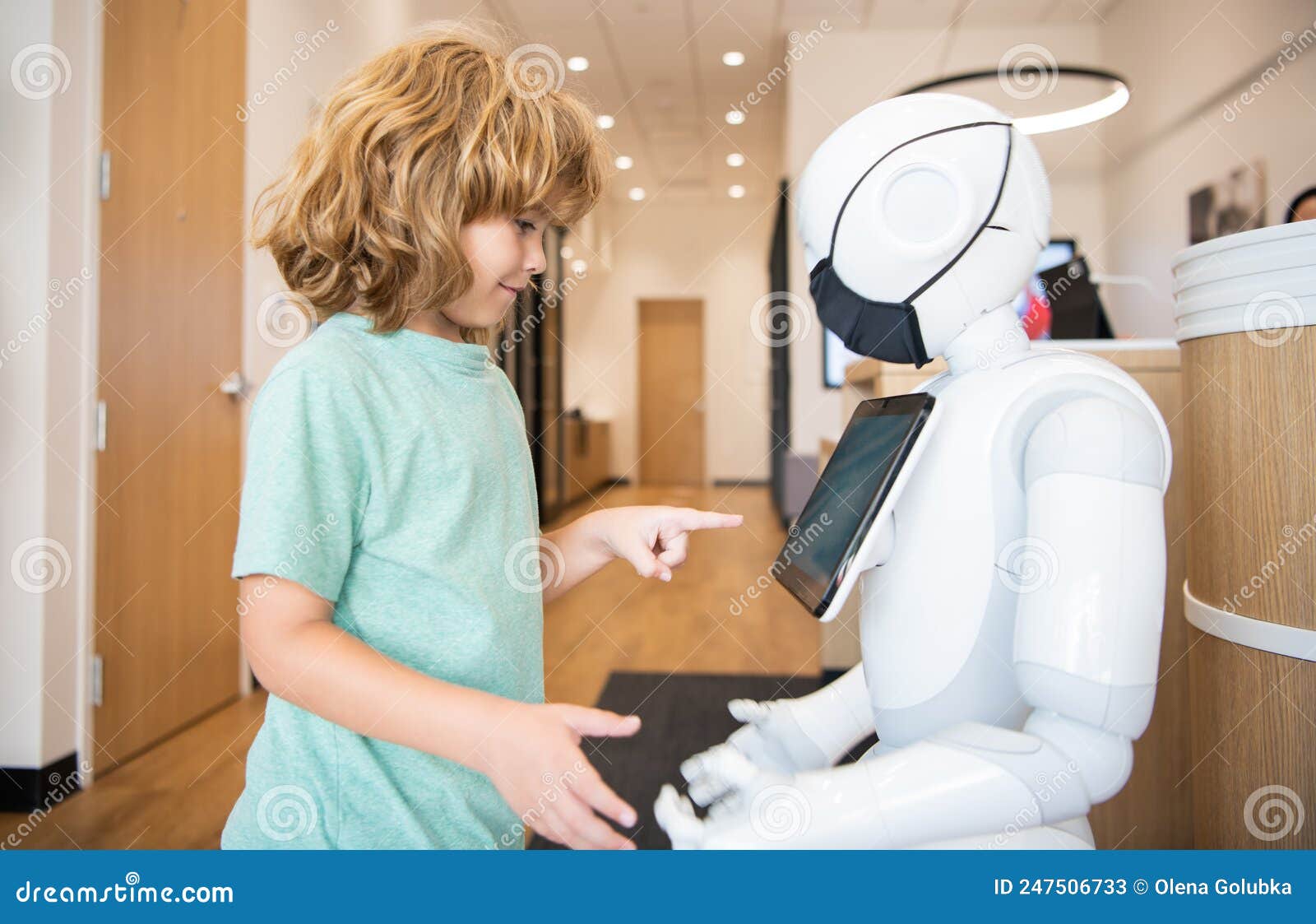 Little Boy Interact with Robot Artificial Intelligence, Communication ...
