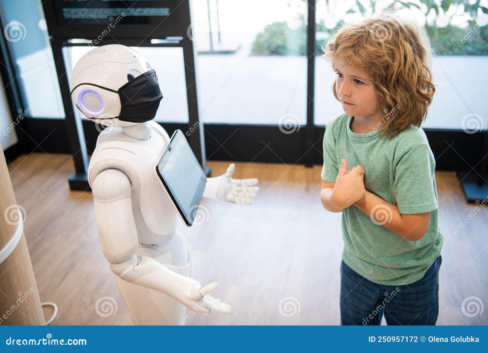 Little Boy Interact with Robot Artificial Intelligence, Future Tech ...
