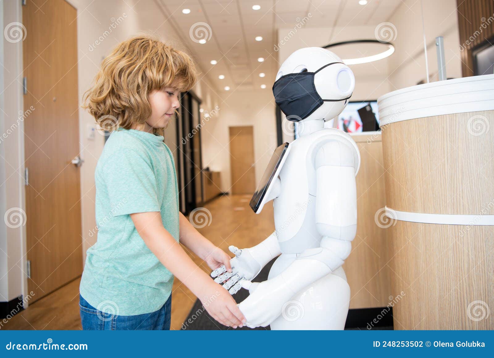 Little Boy Interact with Robot As Innovative Technology, Communication ...