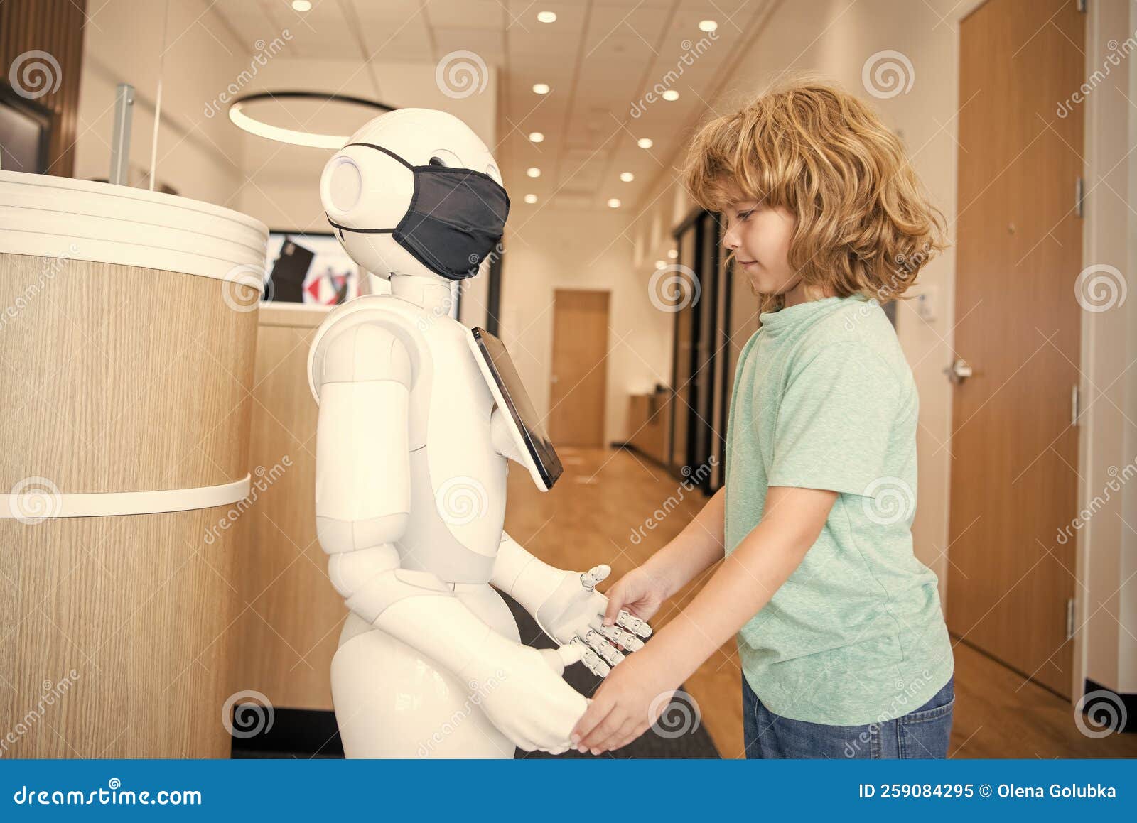 Little Boy Interact with Robot As Innovative Technology, Communication ...