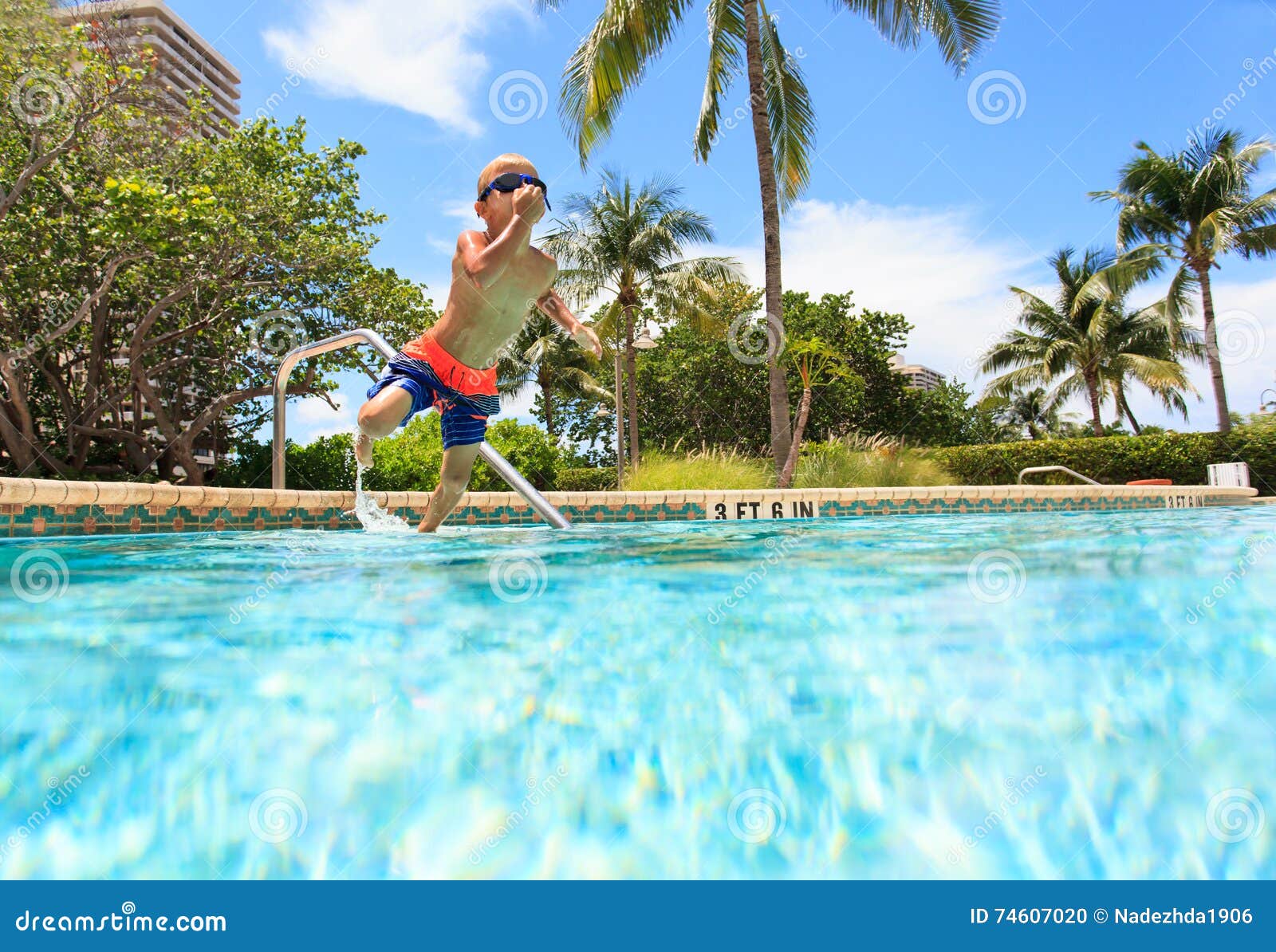 Little Boy Jumping into Swimming Pool Stock Photo - Image of happy ...