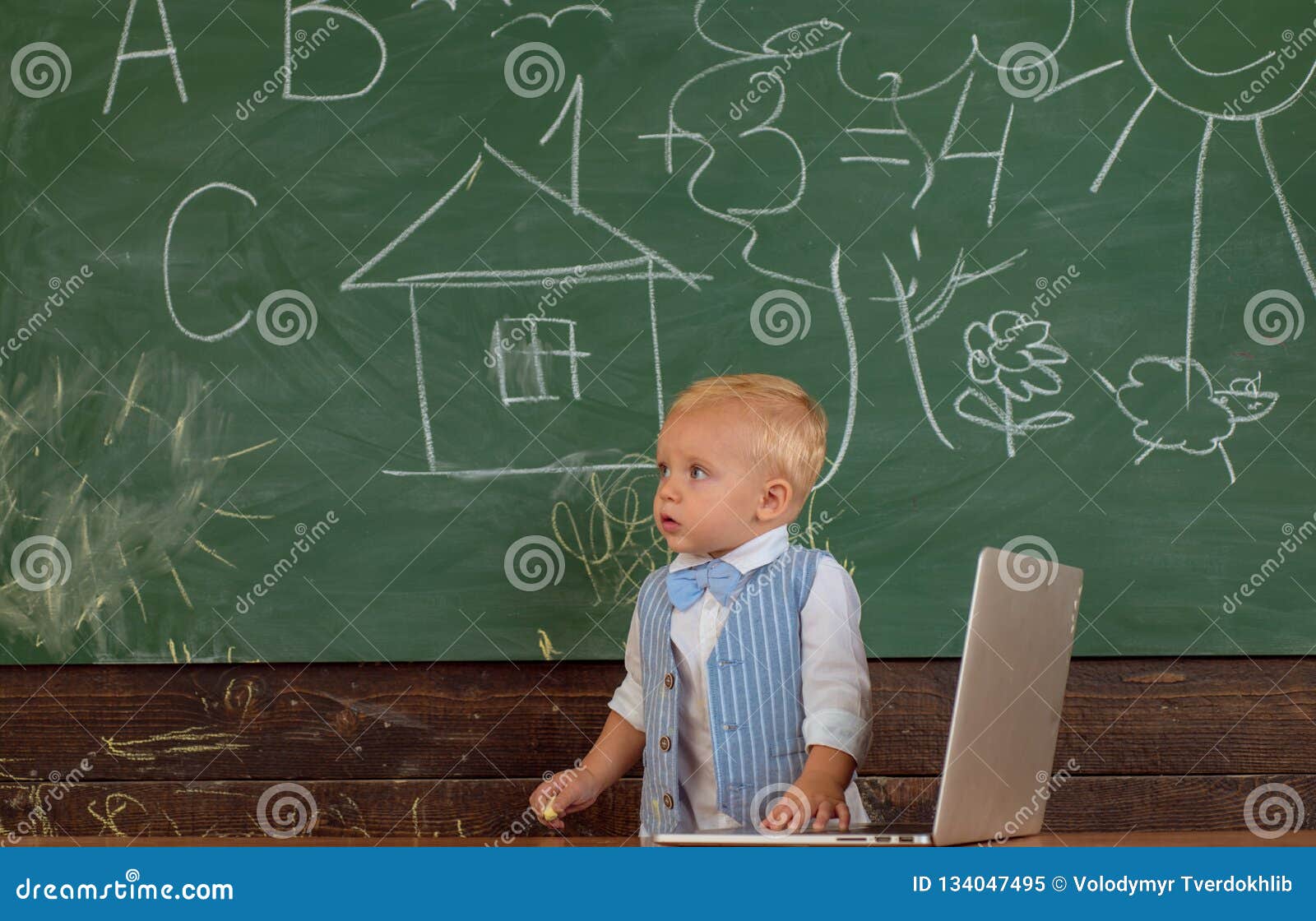 Little Boy with Laptop in Computer Class. Laptop User Learn New ...