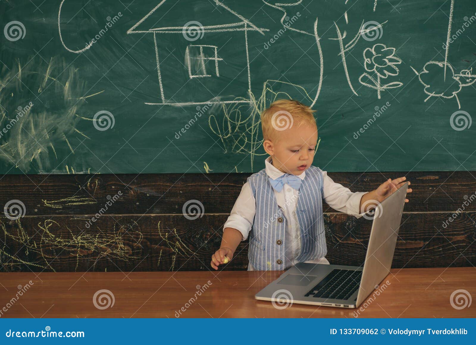 Little Boy Learning in Computer Class at Primary School. Toddler Use ...