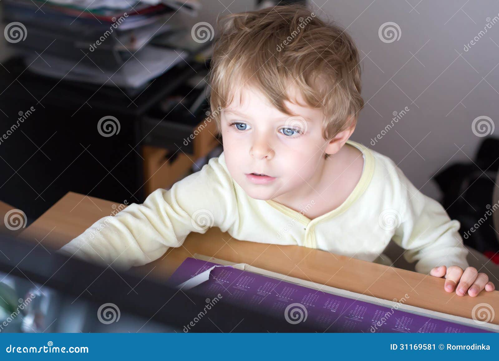 Little Boy Learning on Computer at Home Stock Image - Image of interest ...