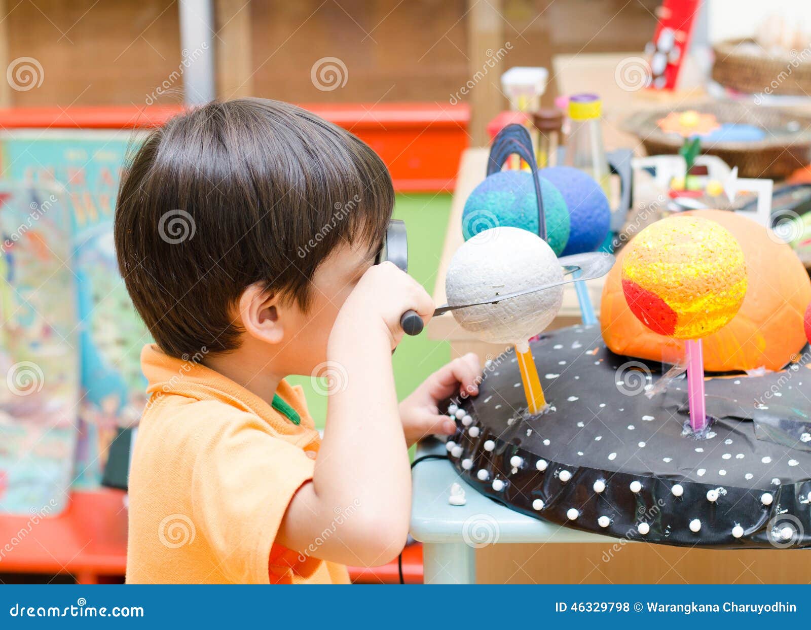 Little Boy Learning Looking into Space in Class Stock Photo - Image of ...