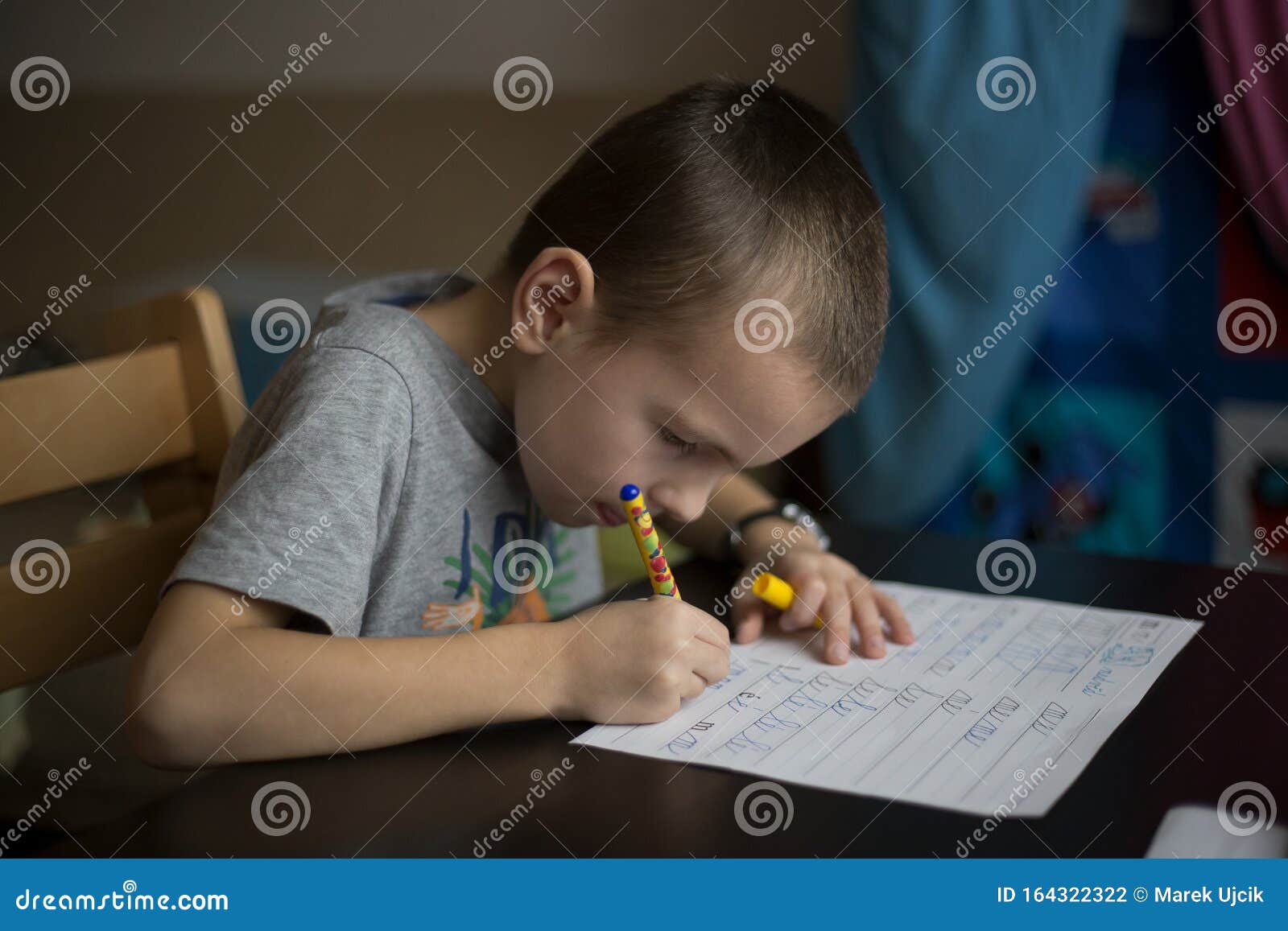 Little Boy Learns To Write Homework Stock Photo - Image of house ...