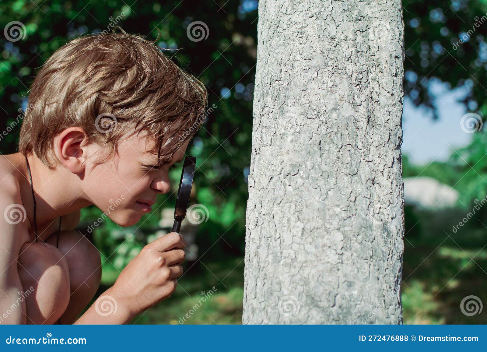 A Little Boy Looks through a Magnifying Glass at a Tree Stock Photo ...