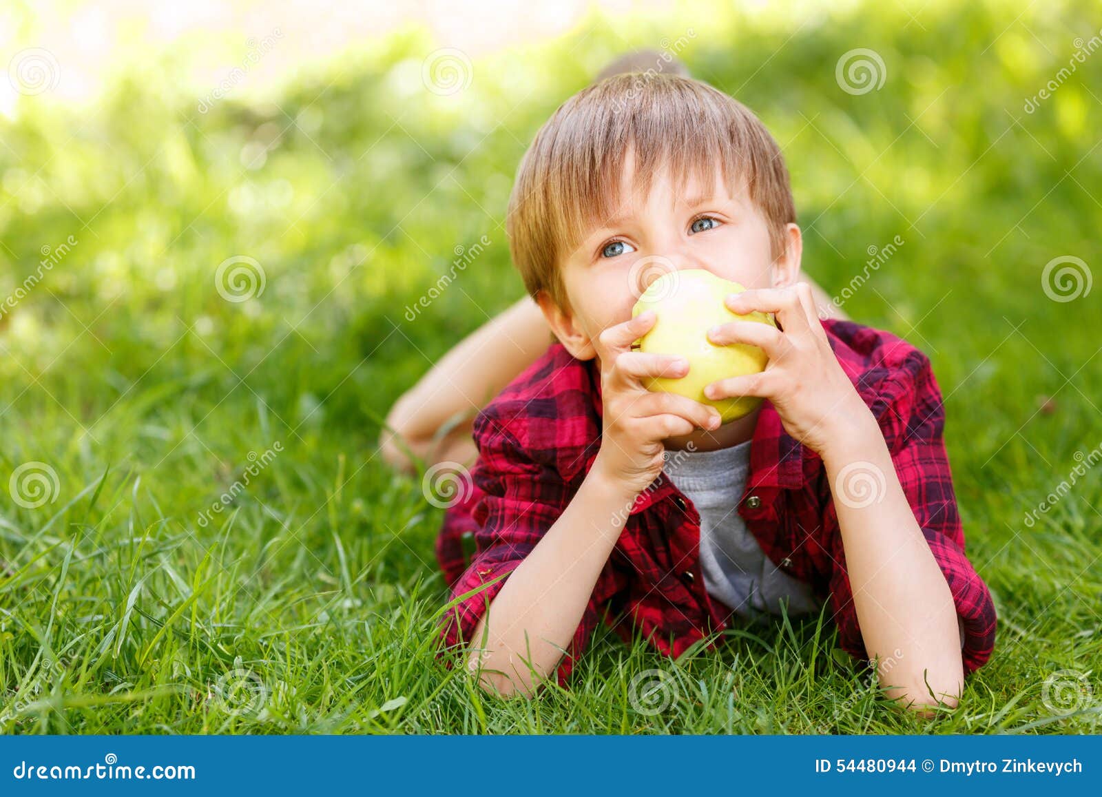 Little Boy Lying on Grass with Apple Stock Photo - Image of spring ...
