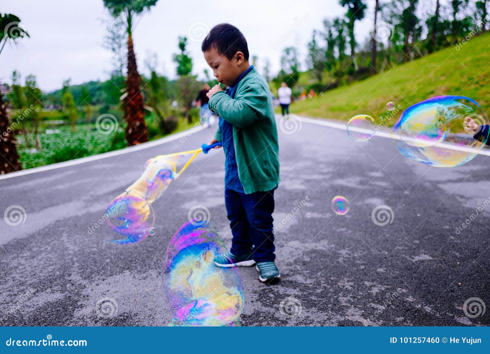 Little Boy Making Soap Bubbles Stock Photo - Image of street, soap ...