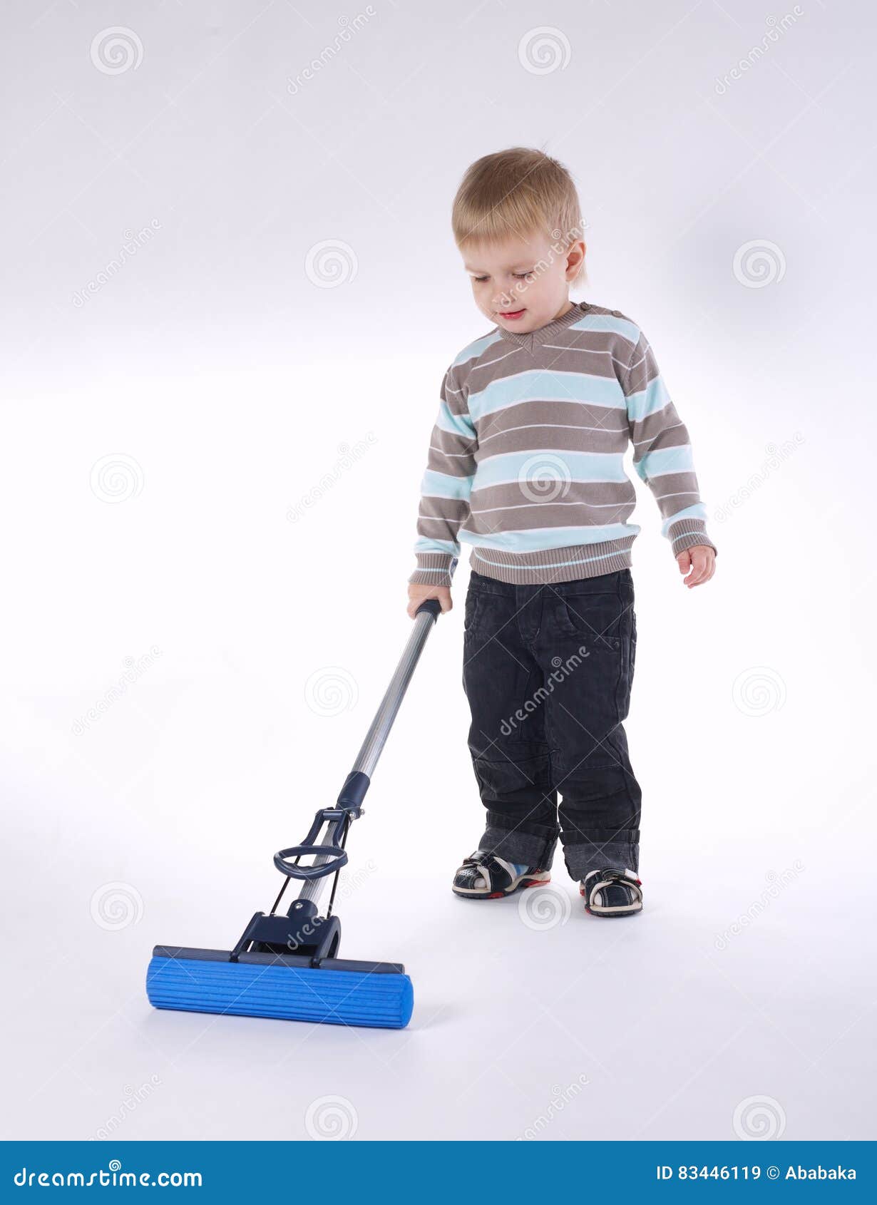 Little Boy with Mop on White Stock Image - Image of blue, little: 83446119